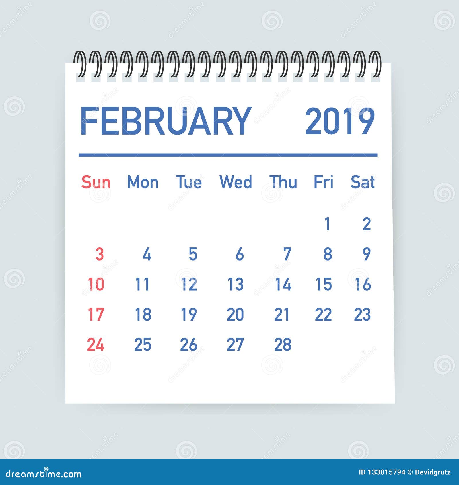 February 2019 Calendar Leaf. Calendar 2019 in Flat Style. A5 Size ...