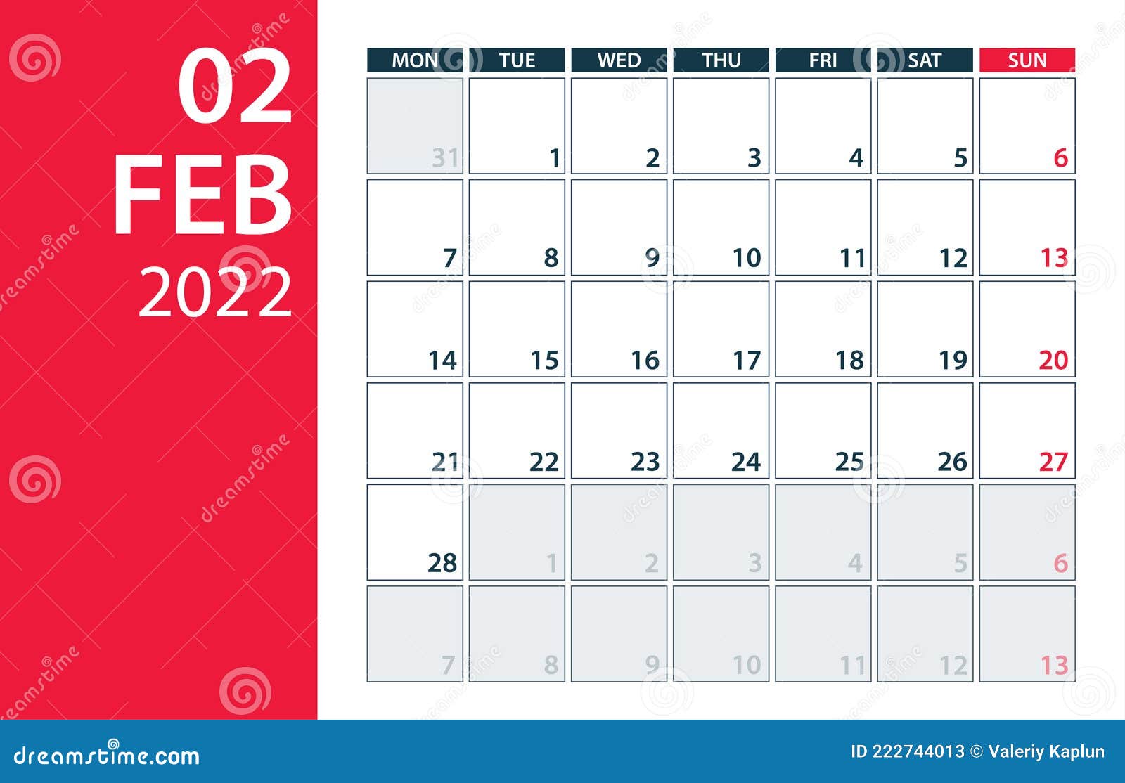 February 2022 Calendar Planner - Vector Illustration. Template. Mock Up ...