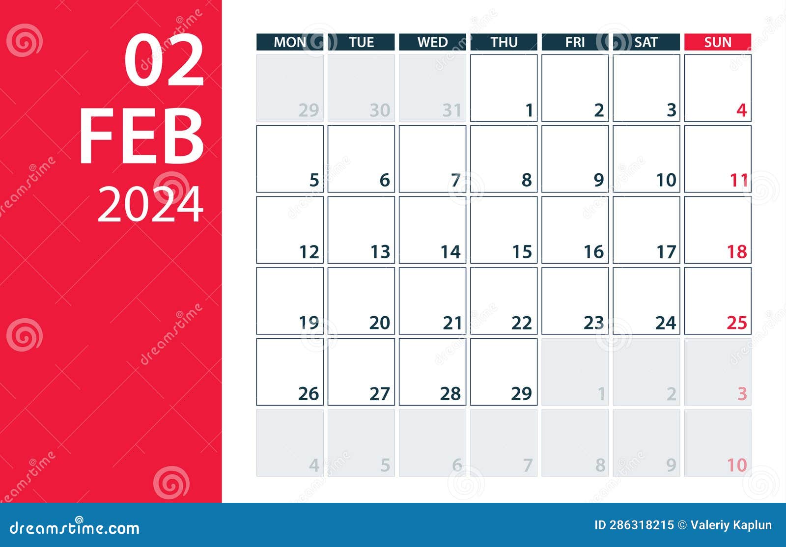 February 2024 Template, Calendar 2024 Design Vector, Planner Layout ...