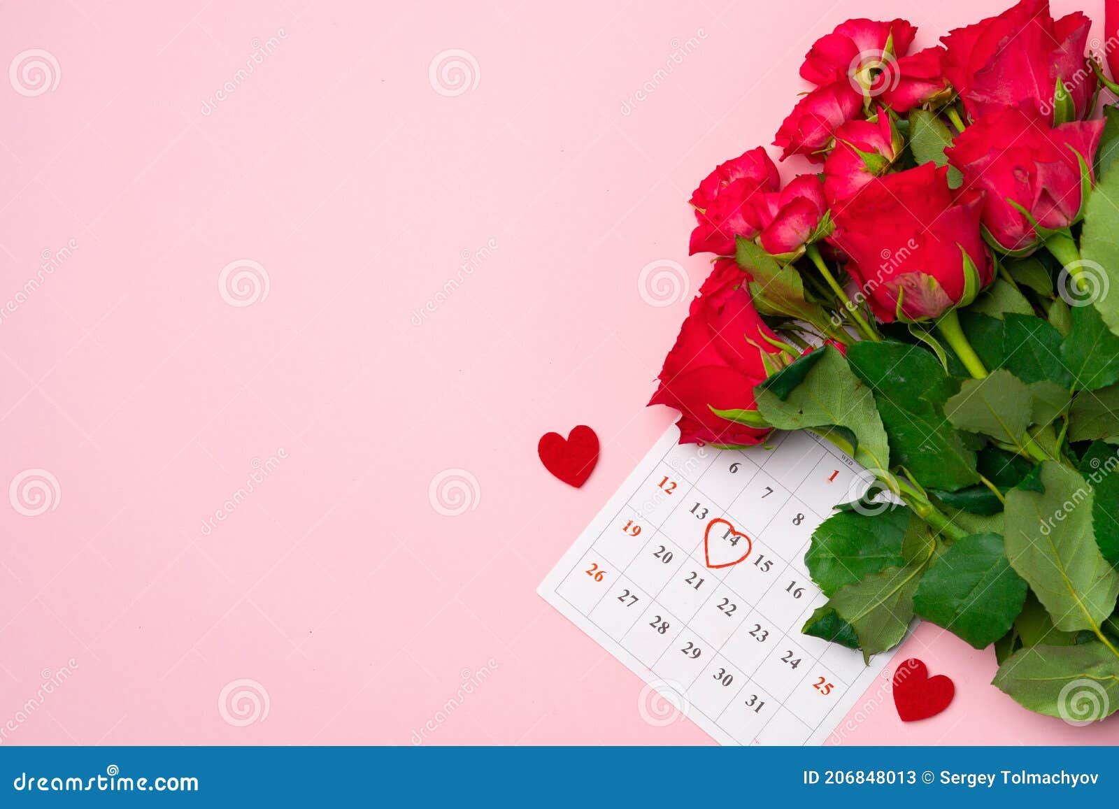 February Calendar and Red Roses Top View Stock Image - Image of rose ...