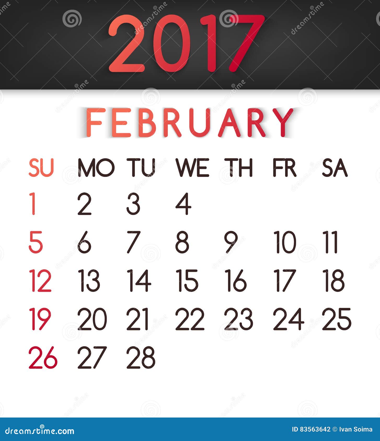 February 2017 Calendar Vector in a Flat Style in Red Tones Stock Vector ...