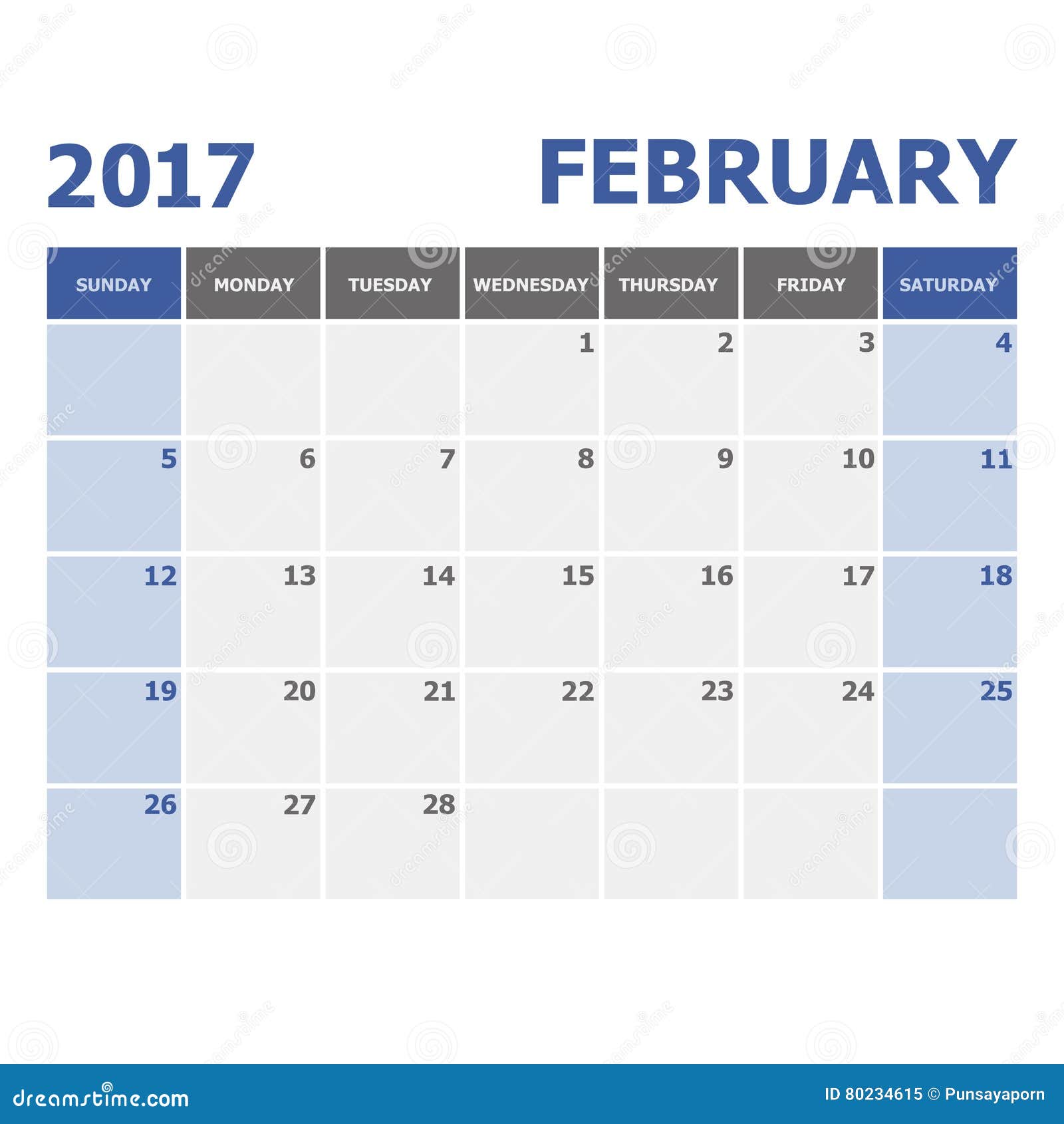 2017 February Calendar Week Starts on Sunday Stock Vector ...