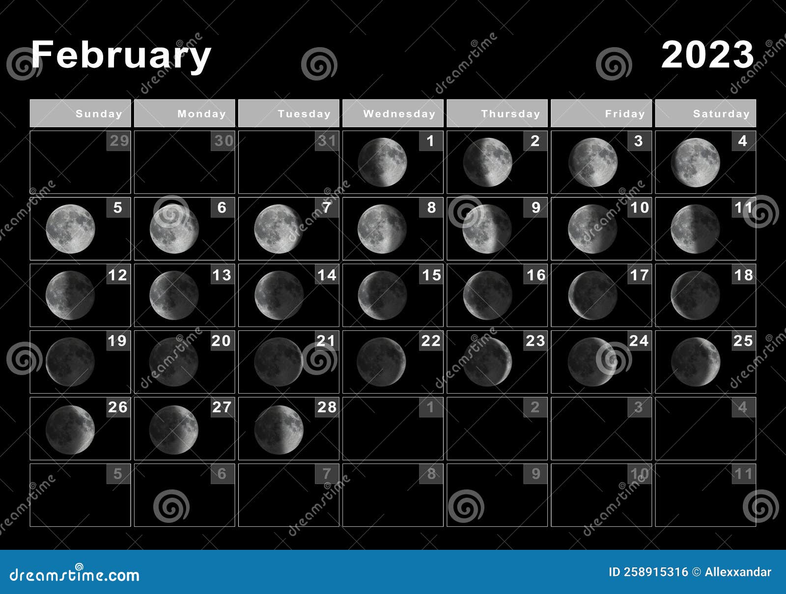 February 2023 Lunar Calendar, Moon Cycles Stock Illustration ...