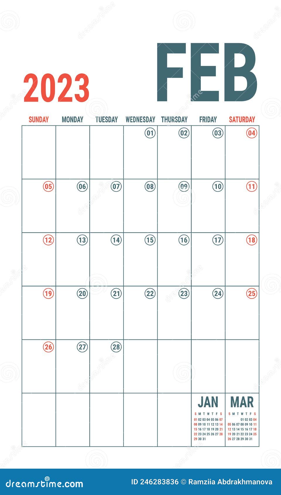 February. Planner 2023 Year. English Vector Vertical Template. Week ...