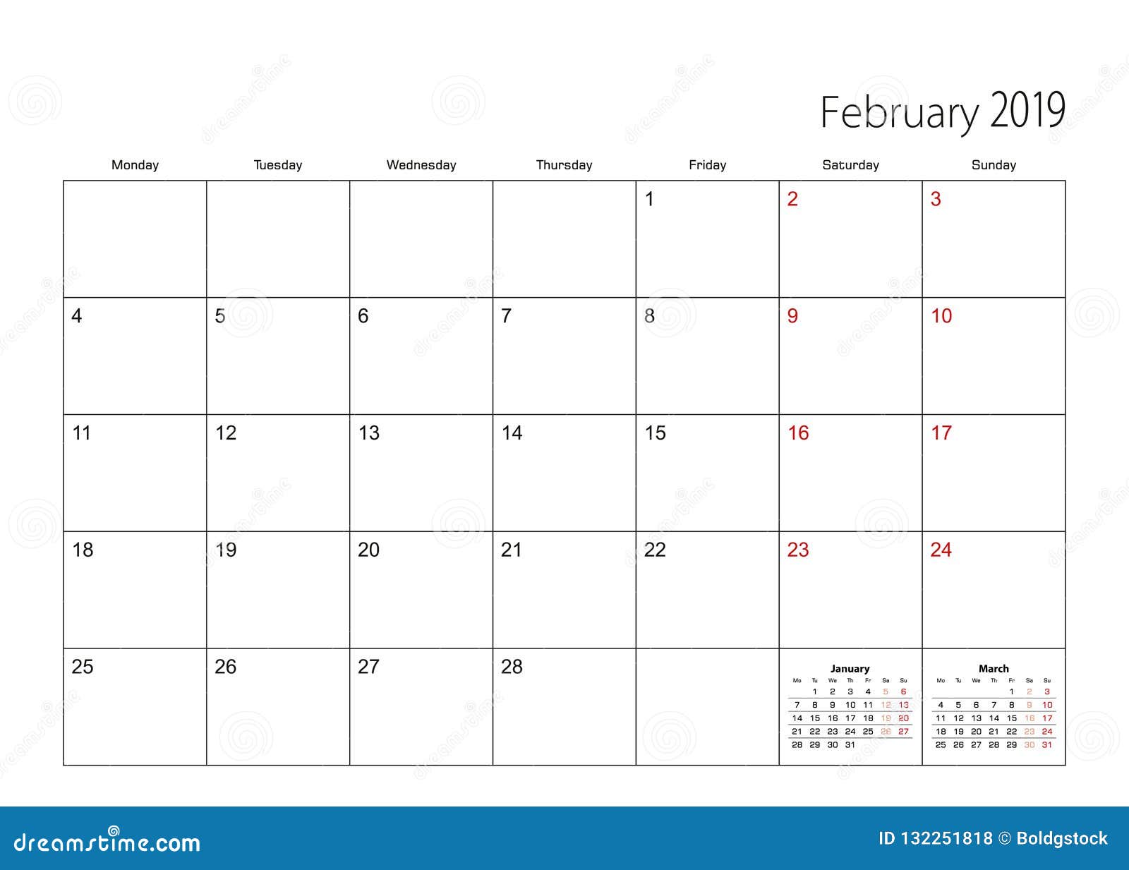 February 2019 Simple Calendar Planner, Week Starts from Monday Stock ...