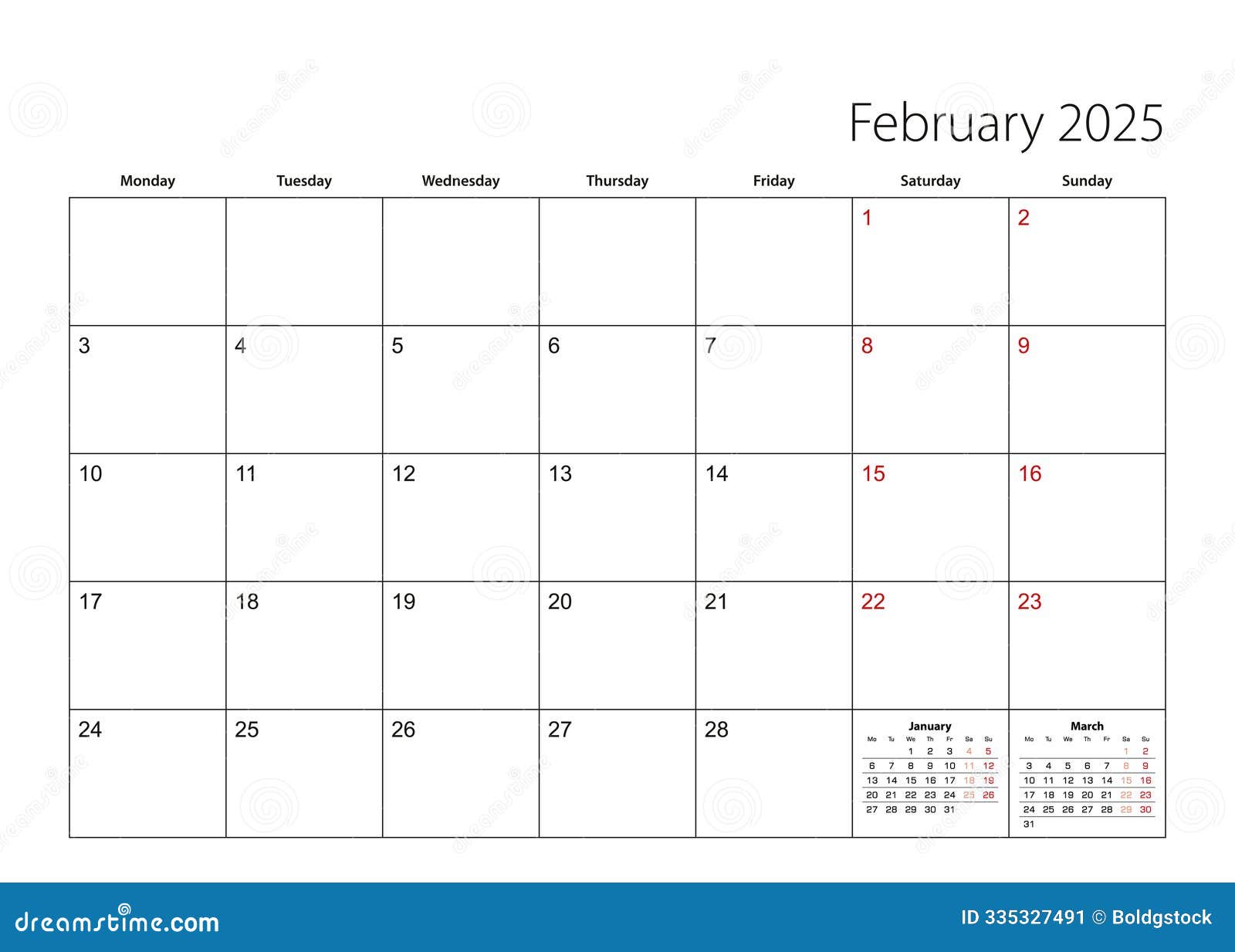 February 2025 Simple Calendar Planner, Week Starts from Monday Stock ...