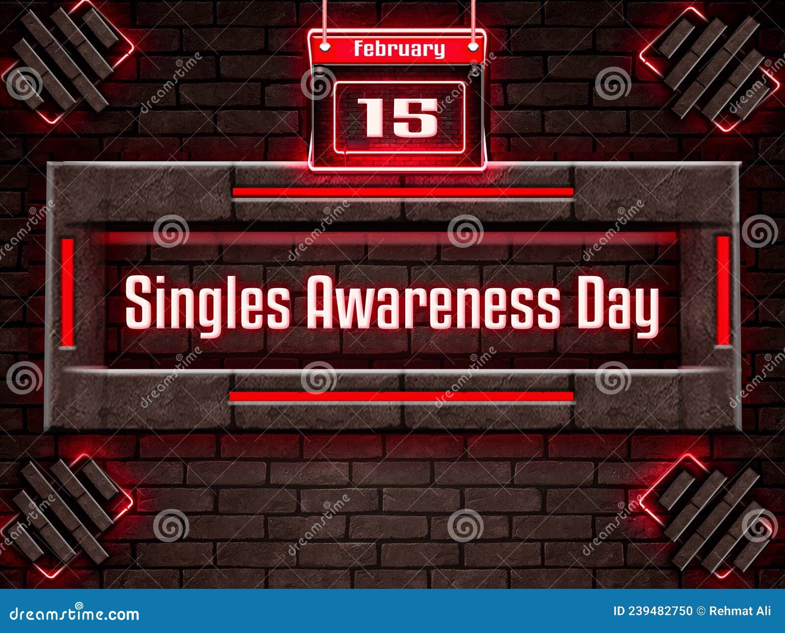 15 February, Singles Awareness Day, Neon Text Effect on Bricks ...