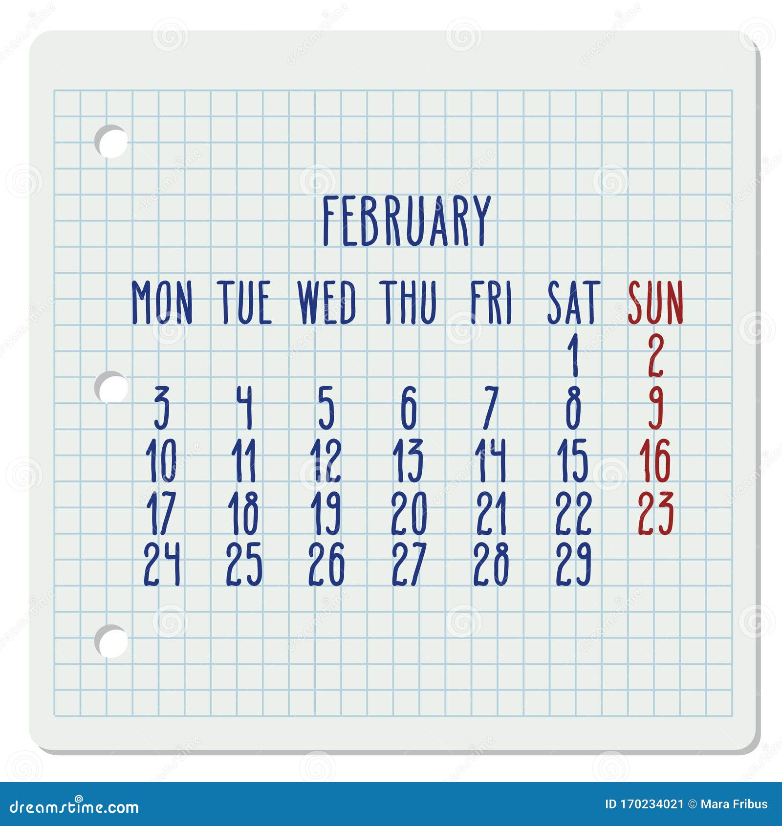 February Year 2020 Monthly Notebook Page Calendar Stock Vector ...