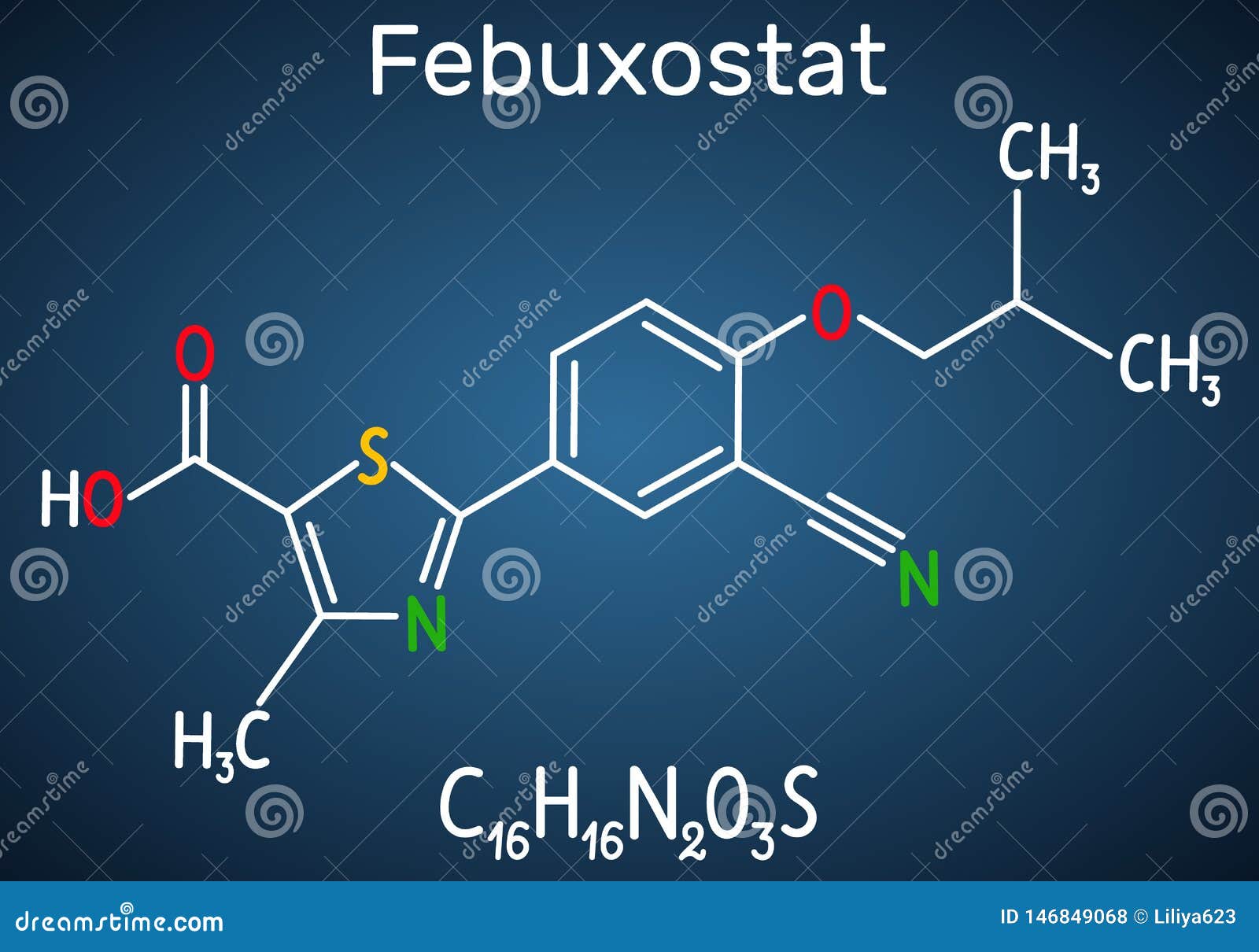 Febuxostat Molecule. Structural Chemical Formula And Molecule Model On ...