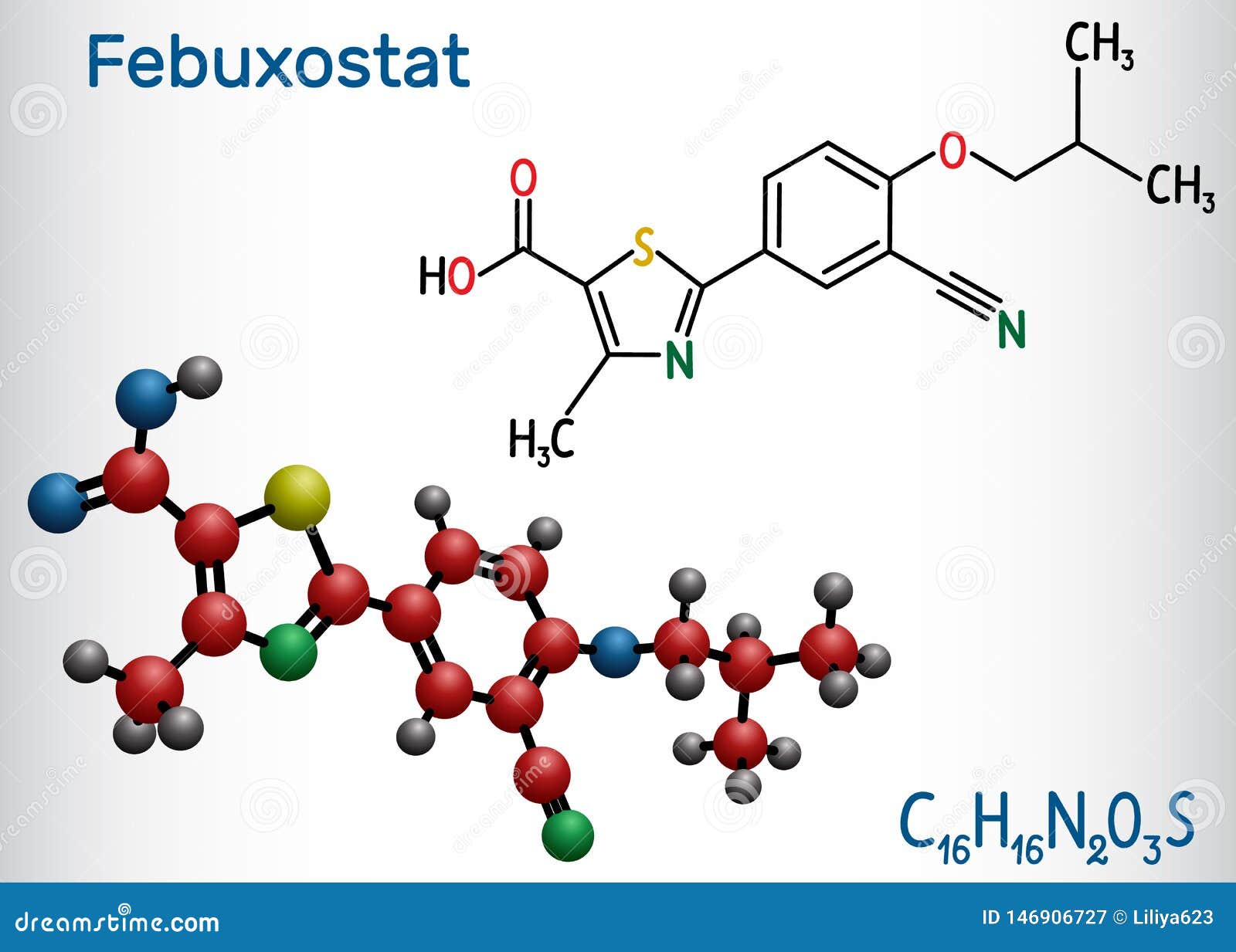 Febuxostat Molecule. Structural Chemical Formula and Molecule Model ...