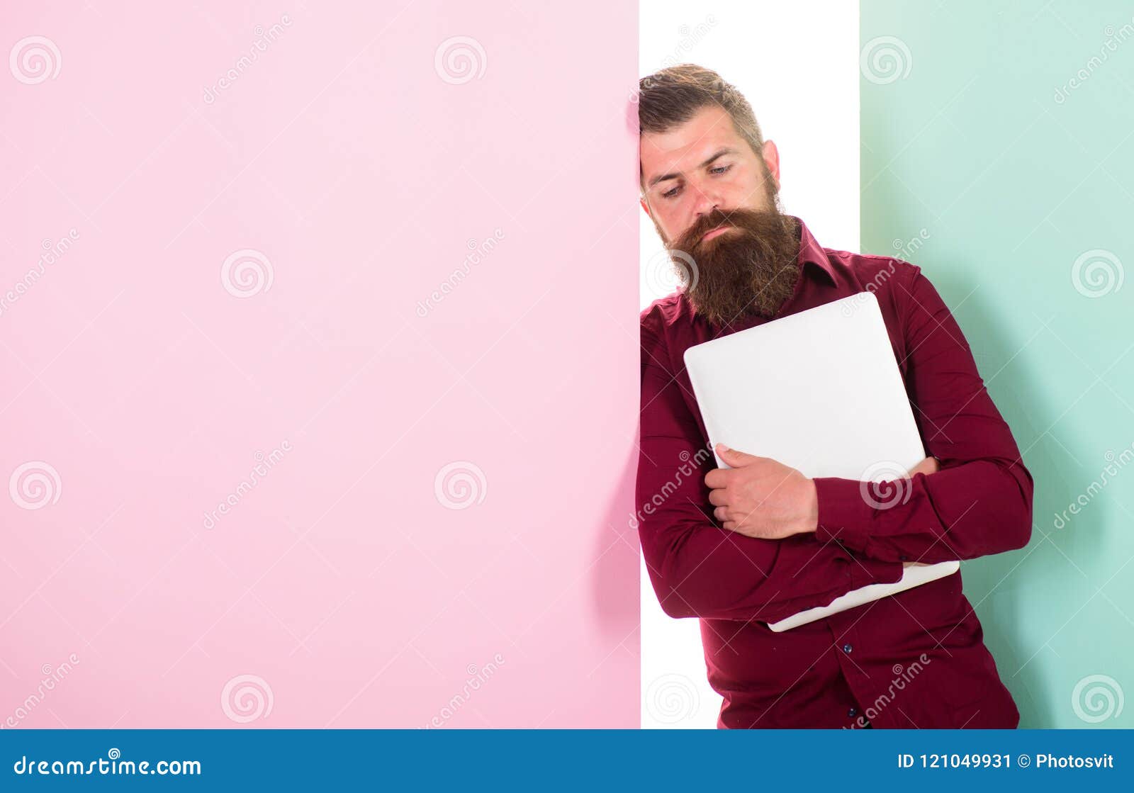 Fed Up with Creativity. Man Bearded Hipster Worker with Laptop Lean on ...