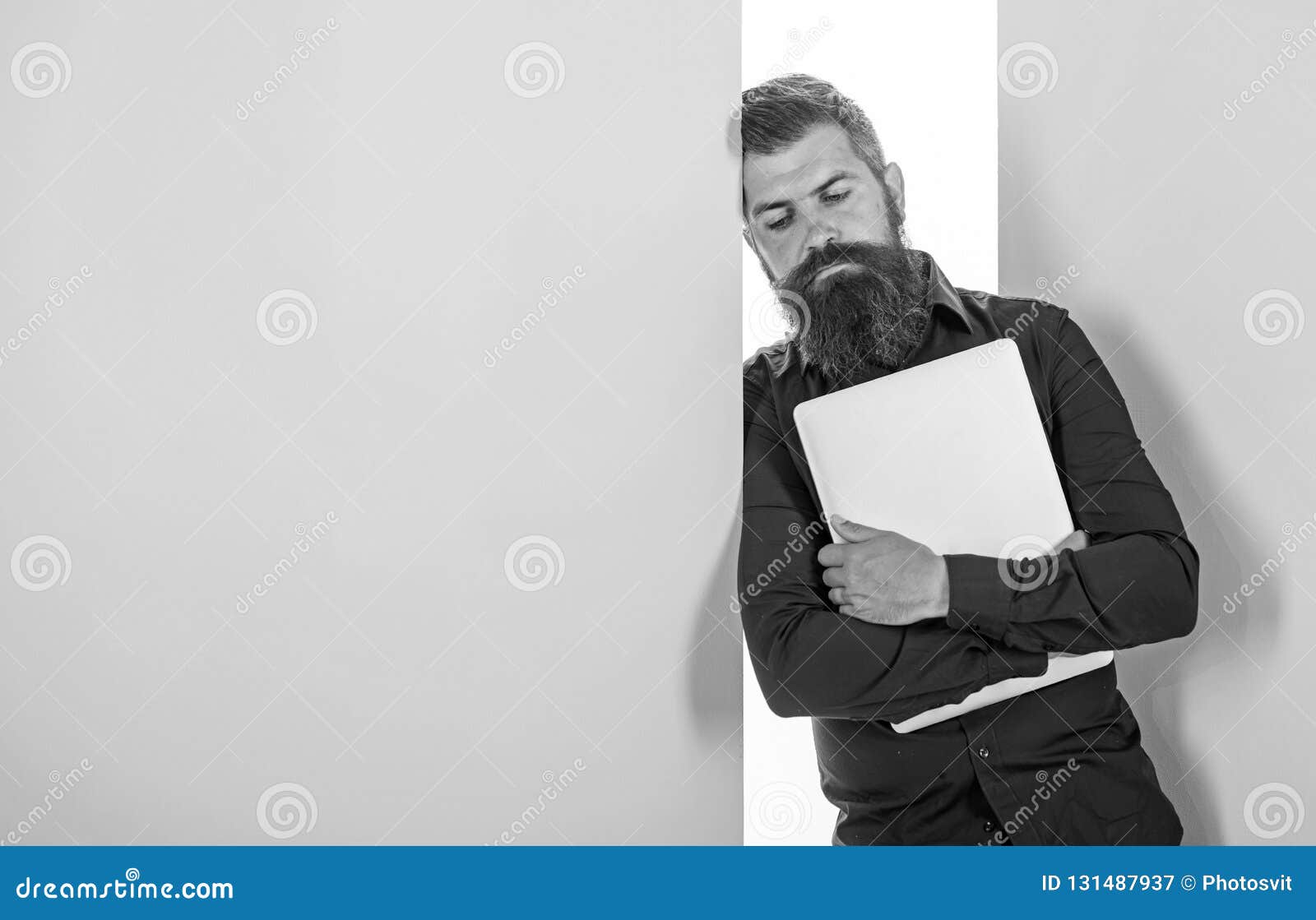 Fed Up with Creativity. Man Bearded Hipster Worker with Laptop Lean on ...