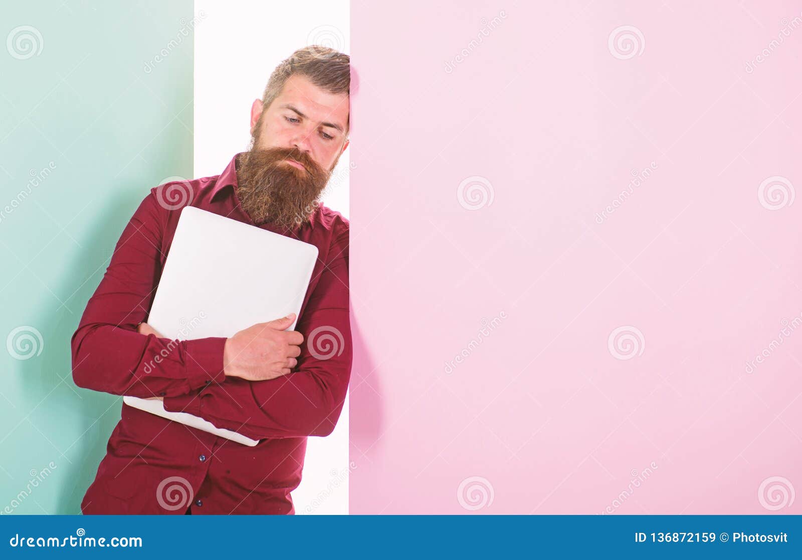 Fed Up with Creativity. Man Bearded Hipster Worker with Laptop Lean on ...