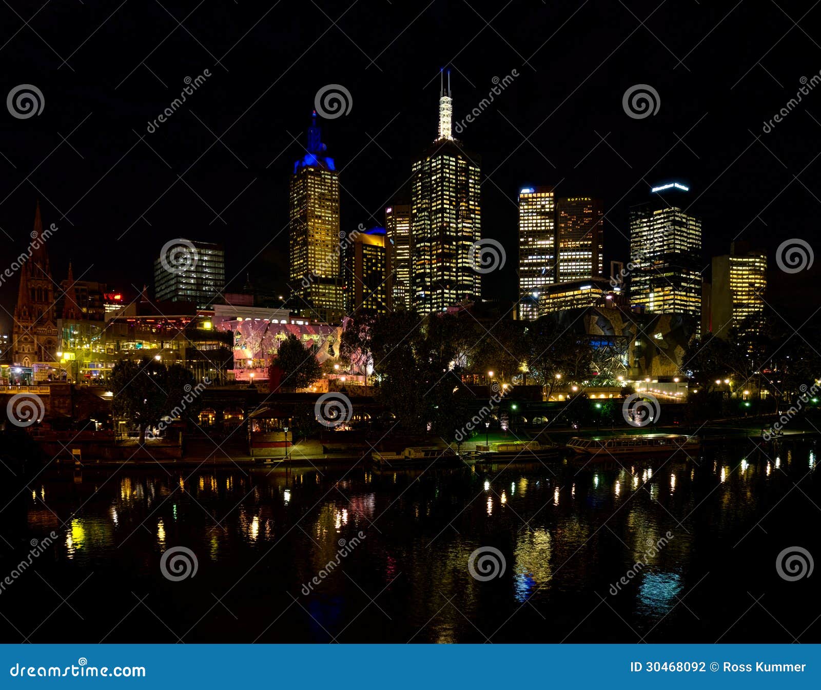 Federation Square in Melbourne at Night Reflected in the Yarra Stock ...