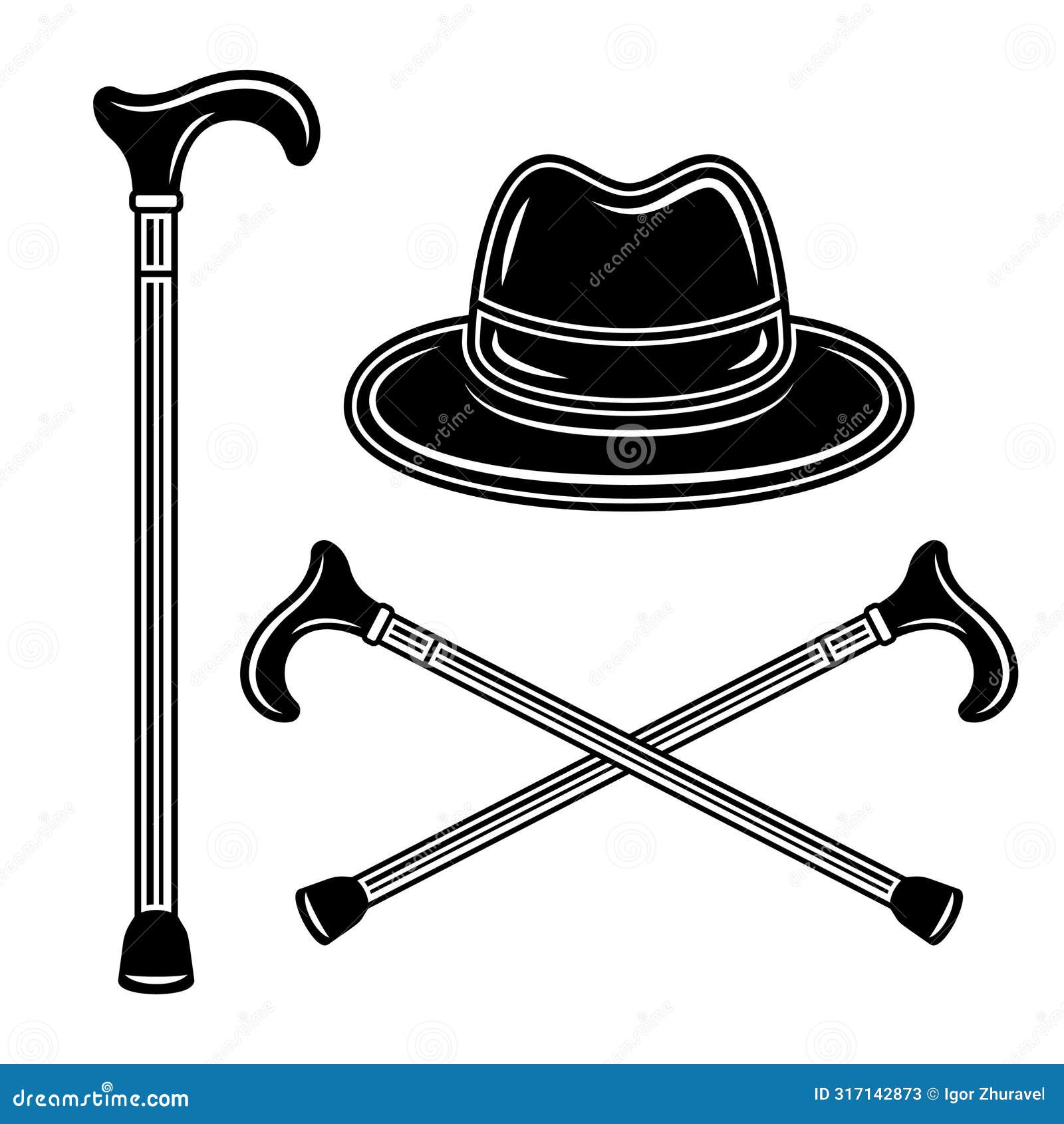 Fedora Hat And Crossed Canes Vector Illustration In Colored Style On ...