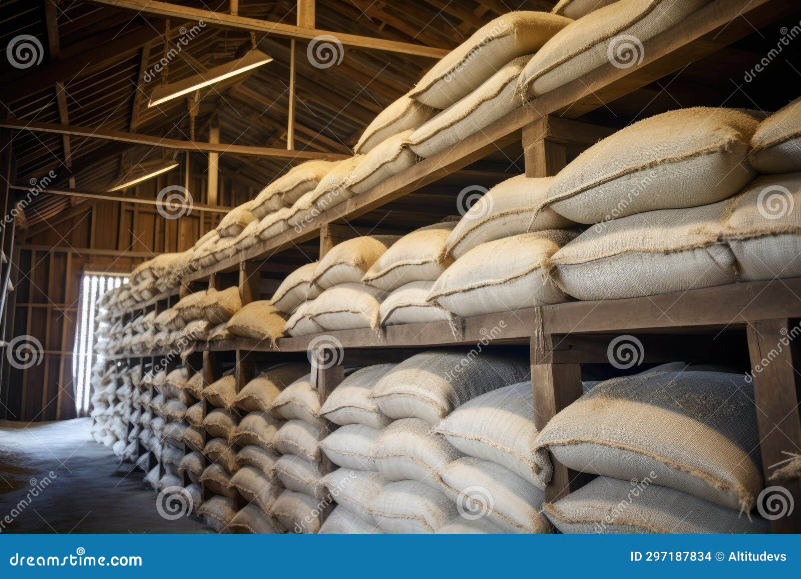 Feed Sacks Stacked High Inside a Barn Warehouse Stock Photo - Image of ...