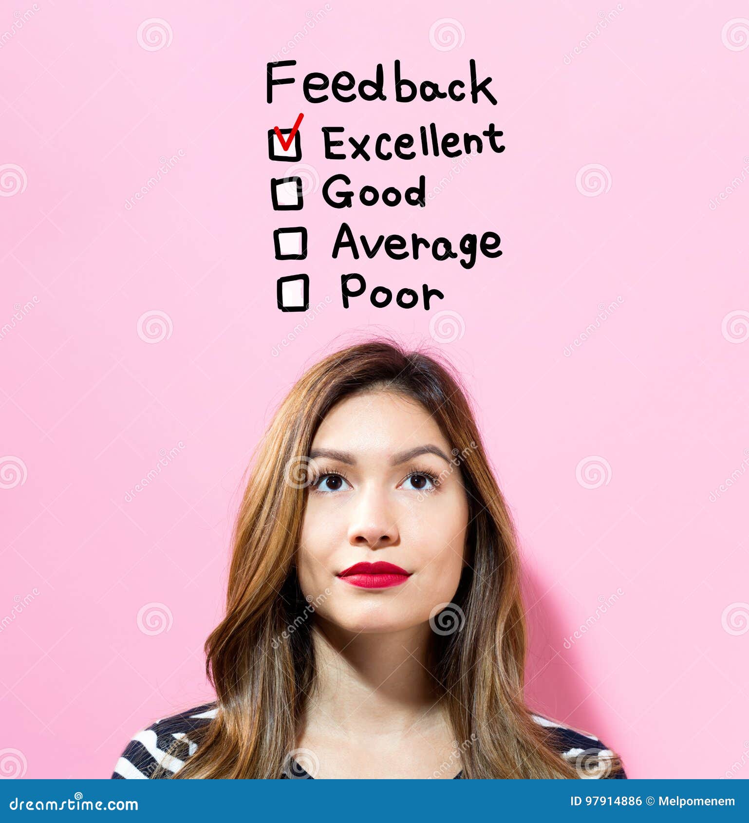 Feedback Text with Young Woman Stock Photo - Image of evaluate, person ...