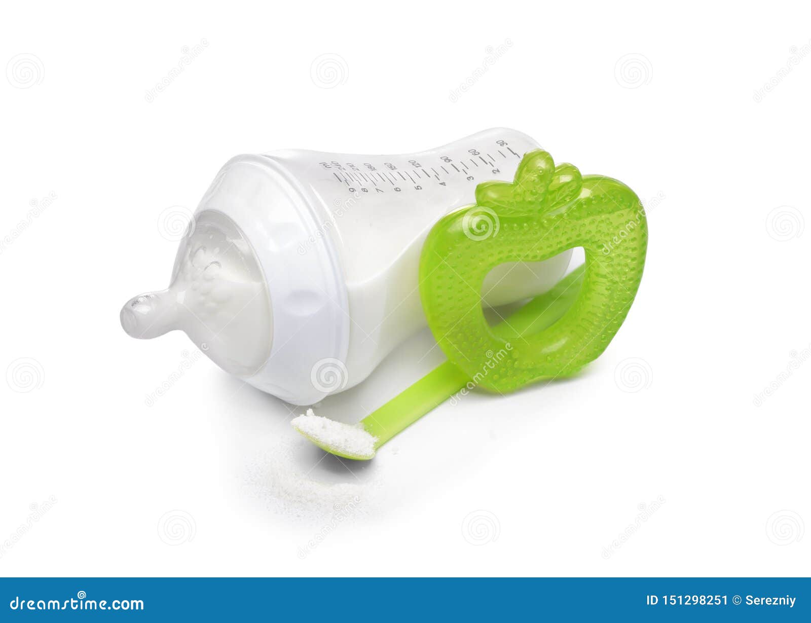 Feeding Bottle of Baby Formula, Teether and Spoon with Powder on White ...