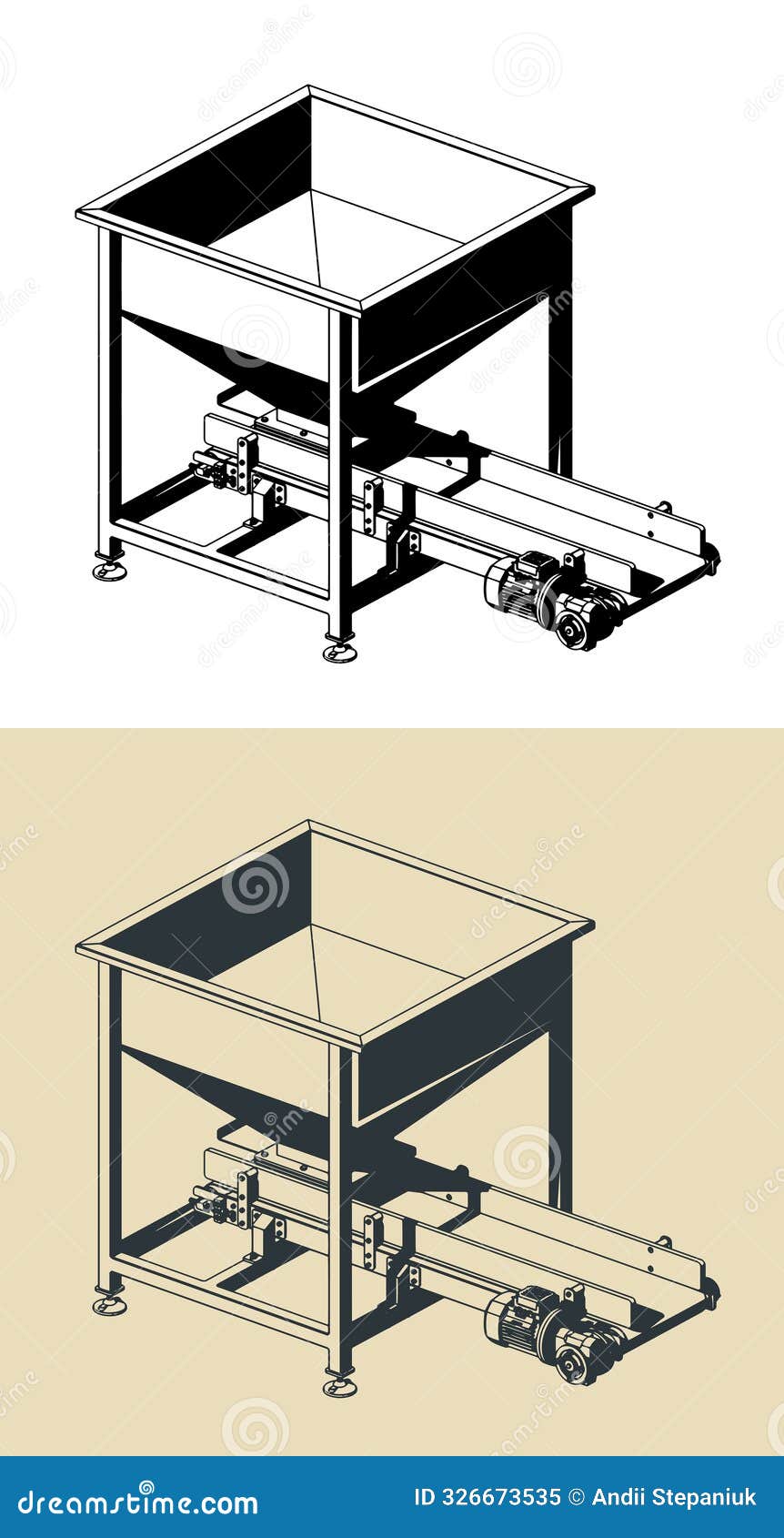 Feeding Hopper With Belt Conveyor Technical Drawings Cartoon Vector ...
