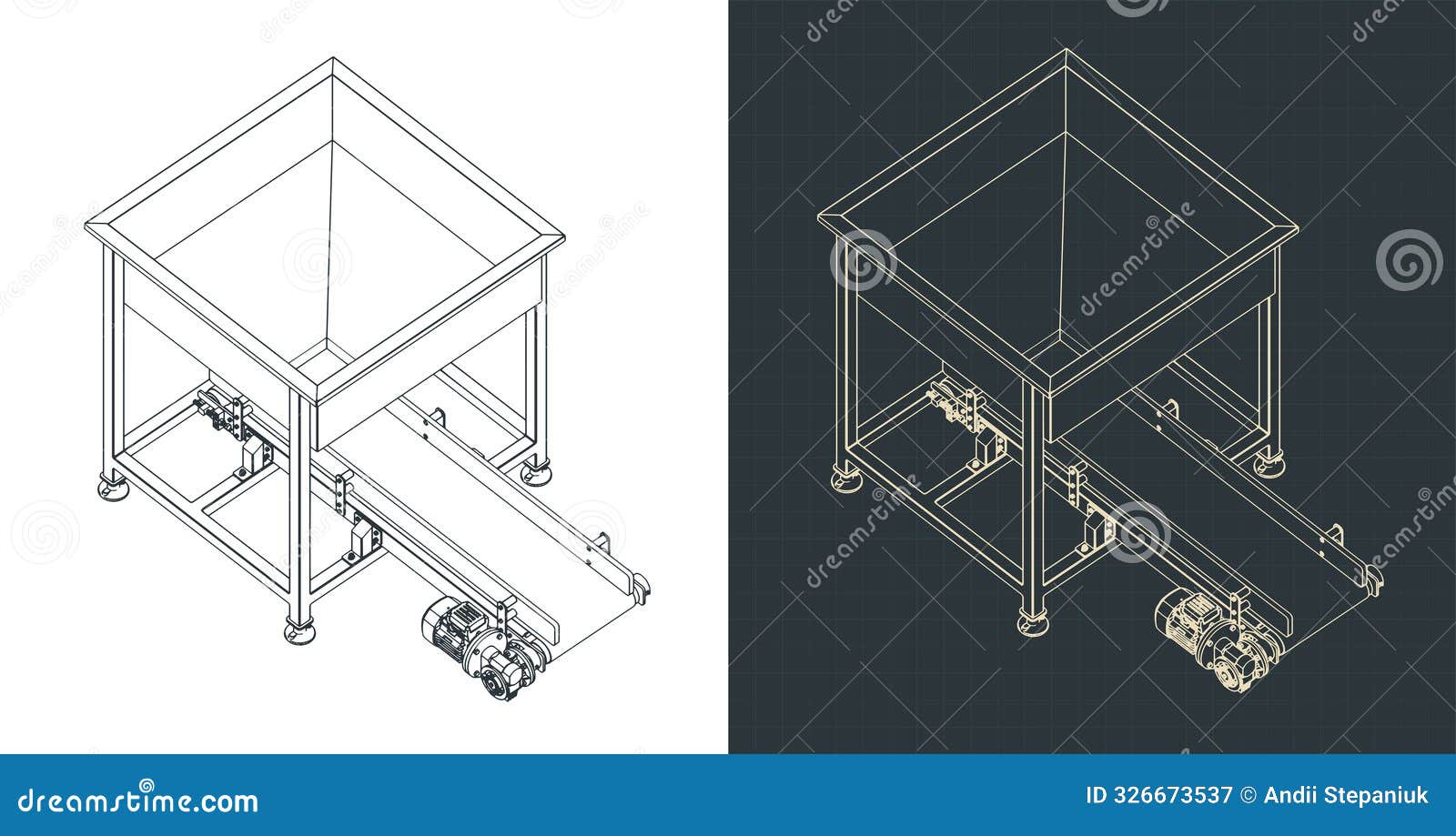 Feeding Hopper With Belt Conveyor Isometric Blueprints Cartoon Vector ...