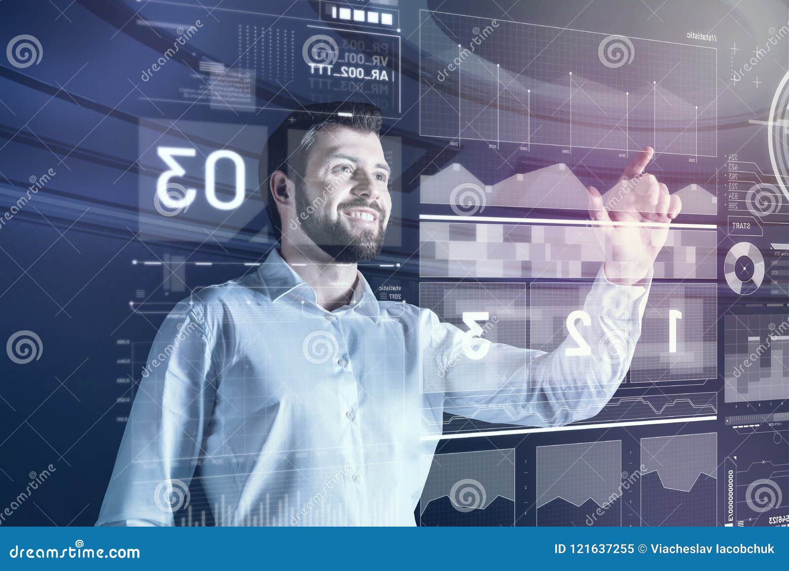 Cheerful Software Developer Smiling and Touching a Transparent Screen ...