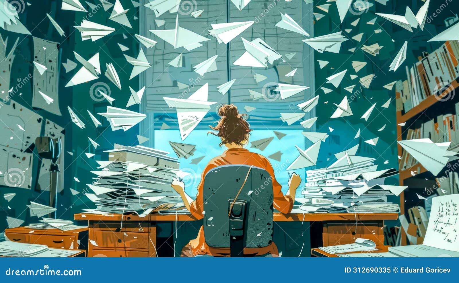 Illustration of a Person Swamped with Flying Papers at a Busy Desk ...