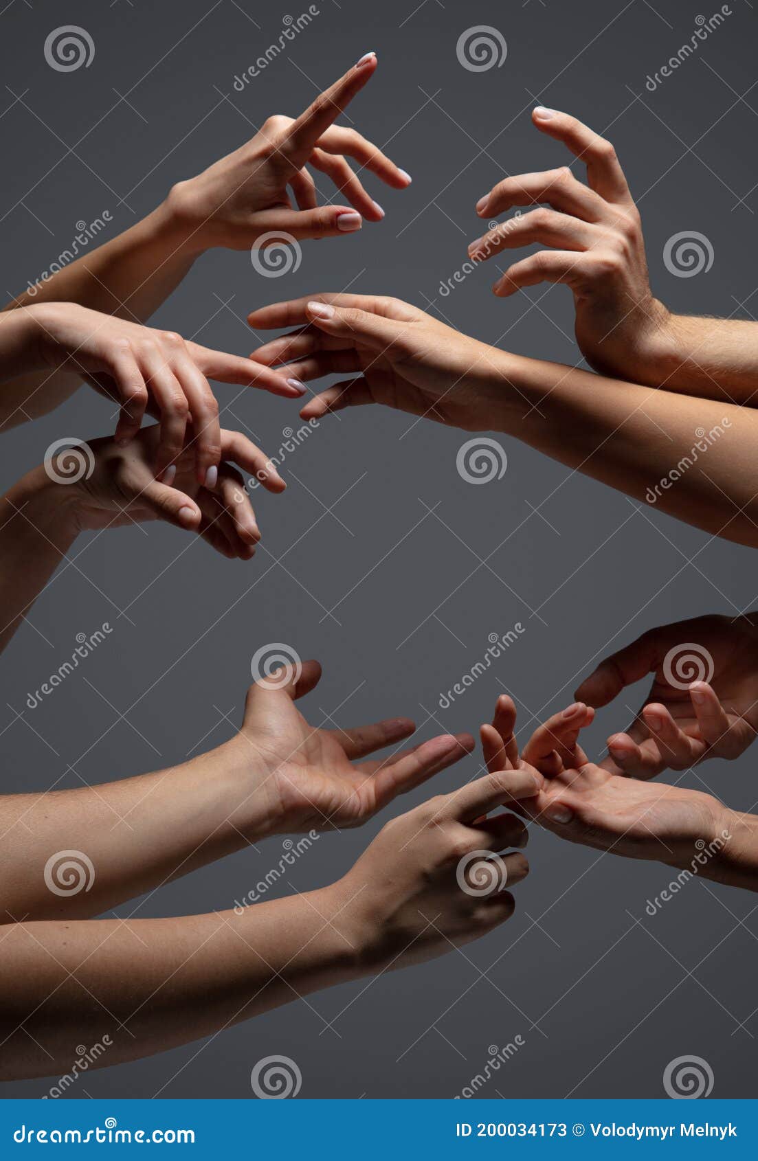 Hands of People`s Crowd in Touch on Grey Studio Background. Concept of ...