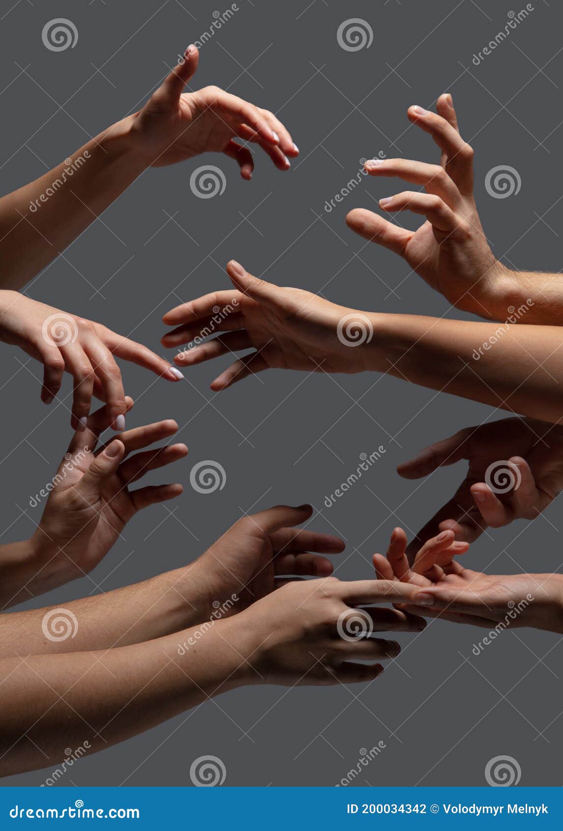 Hands of People`s Crowd in Touch on Grey Studio Background. Concept of ...