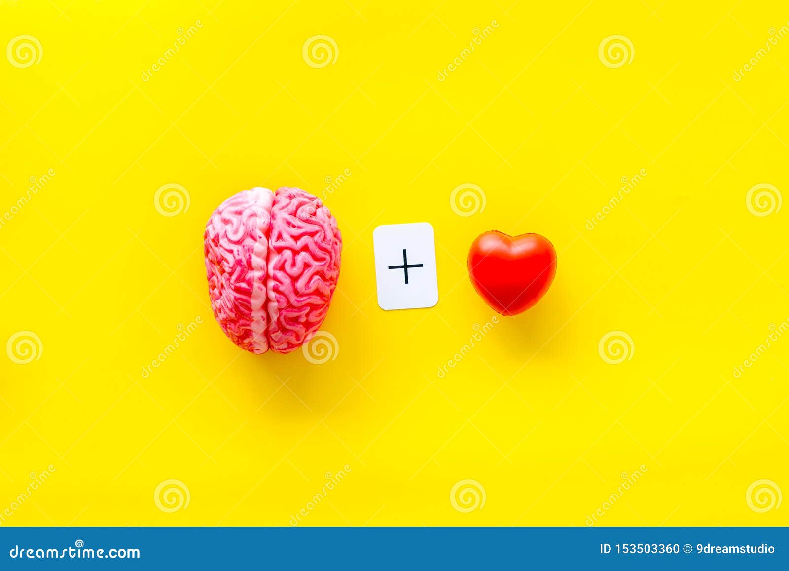 Feelings and Mind Concept with Brain Plus Heart on Yellow Background ...