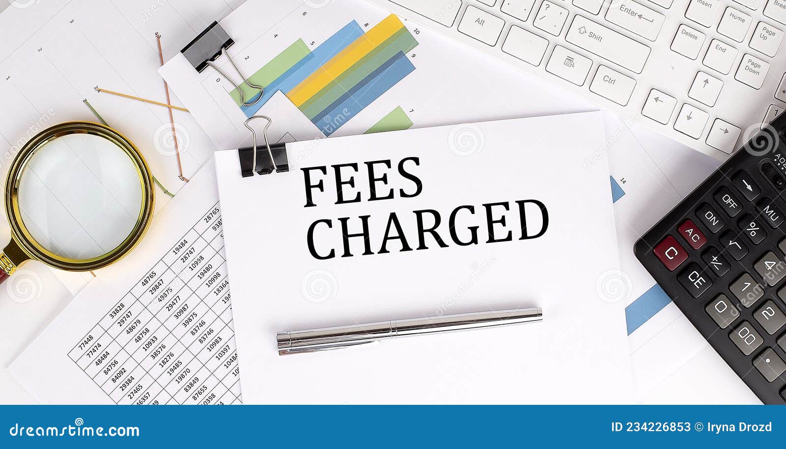 FEES CHARGED Text on the White Paper on the Light Background with ...