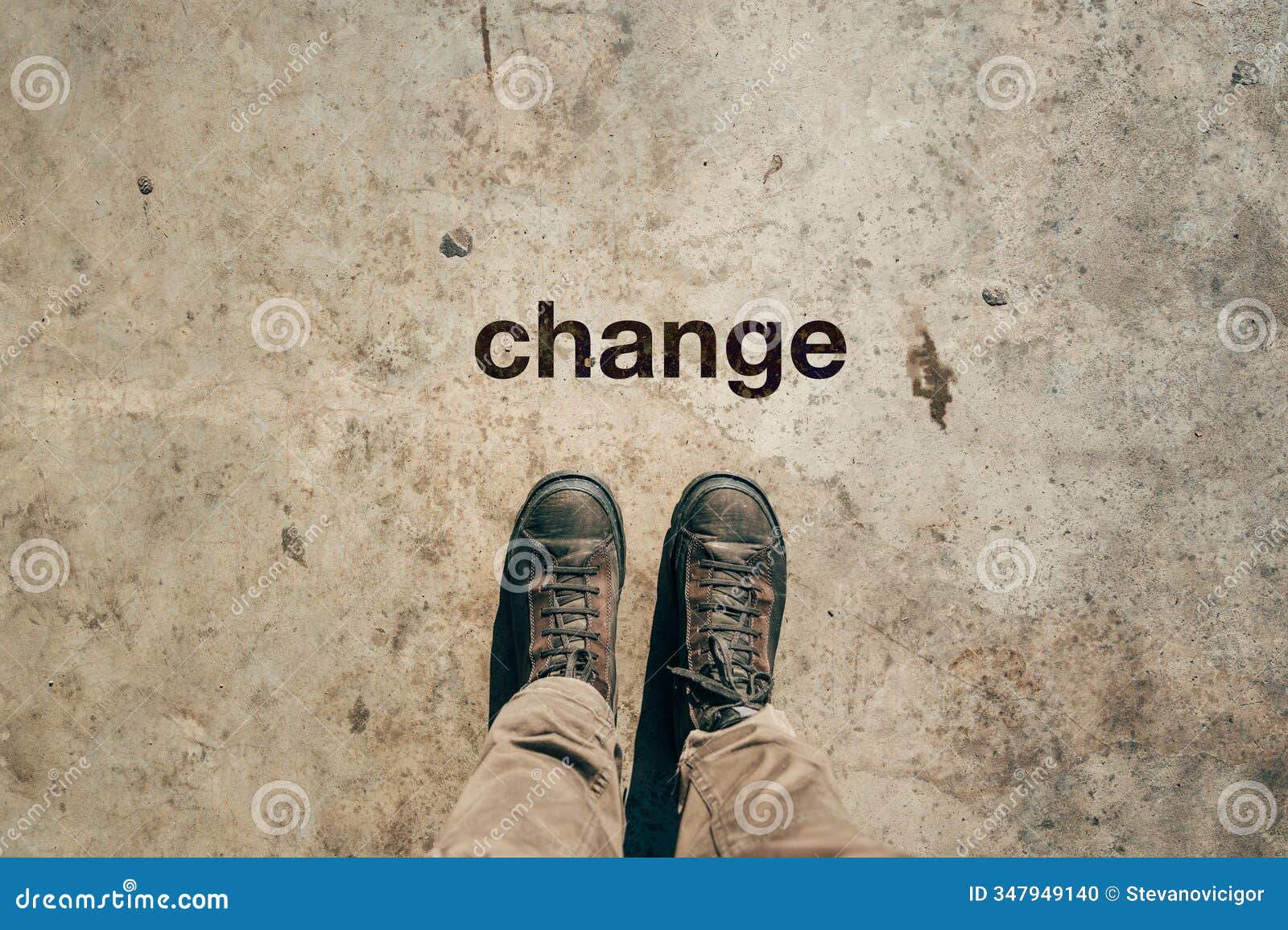 Feet in Boots from Above with Word Change Printed on Sidewalk Stock ...