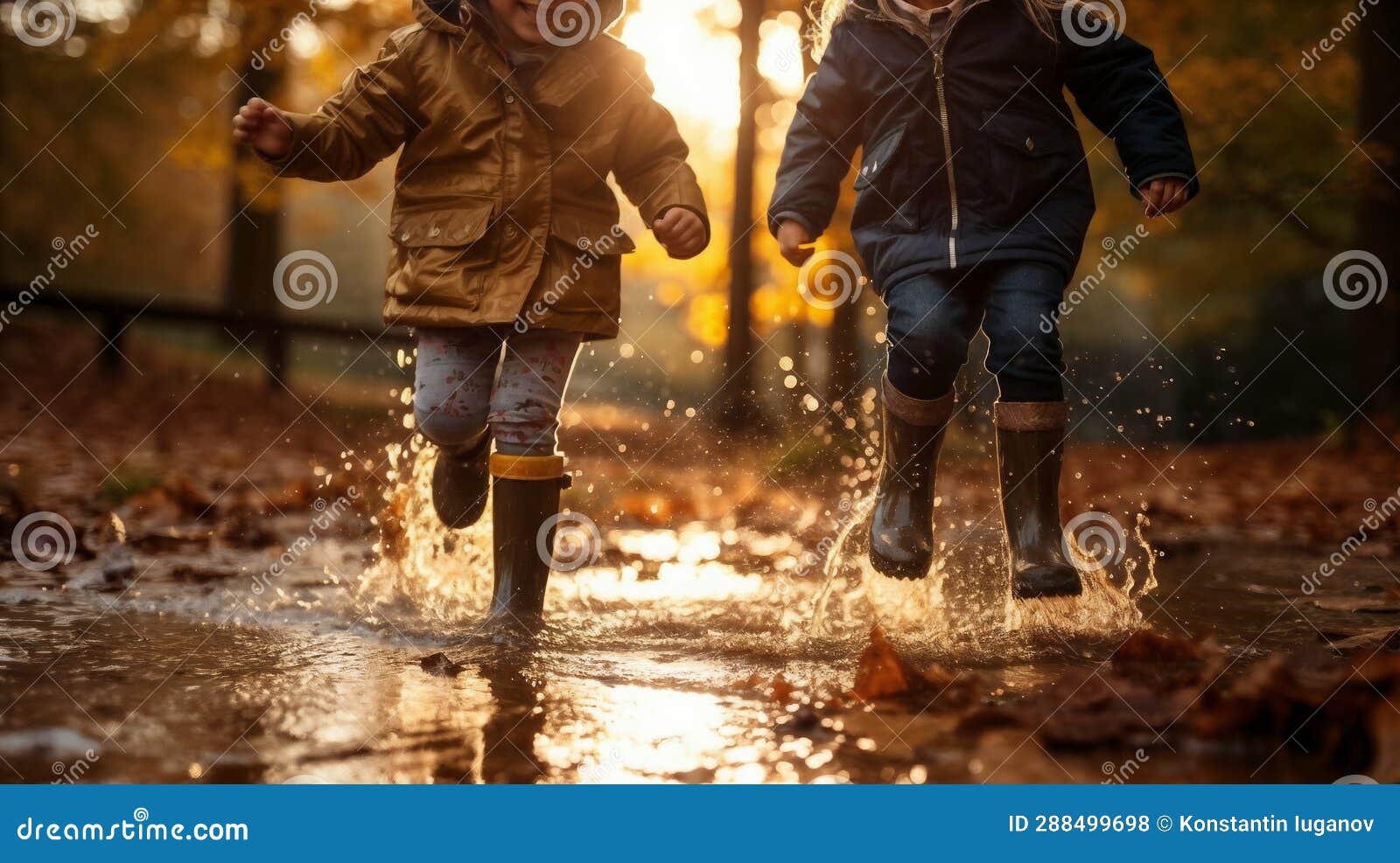 Feet of Children in Rubber Boots Jumping Over a Puddle Stock ...
