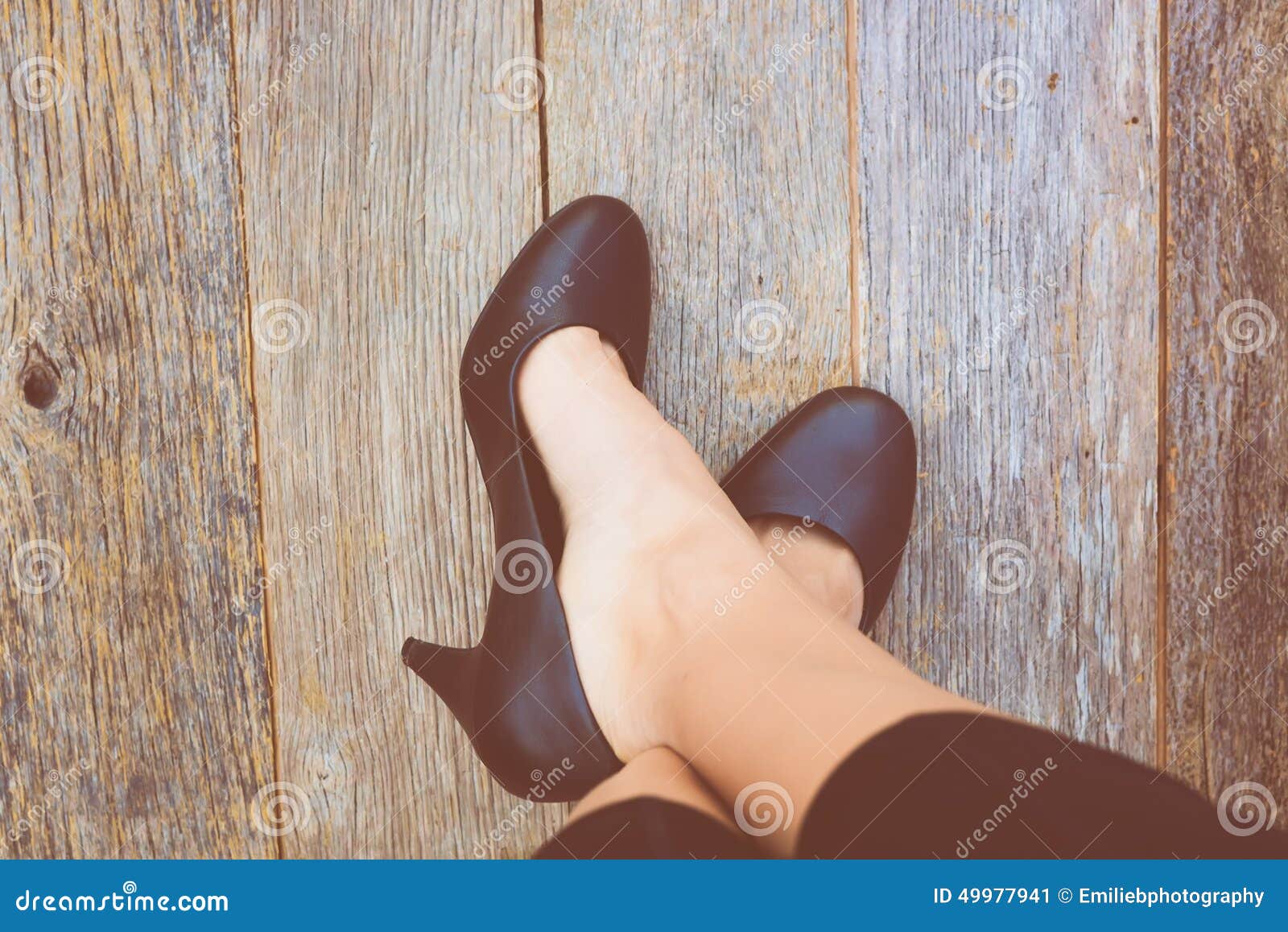 Feet. First-Person View on Rustic Wood Background. Stock Image - Image ...