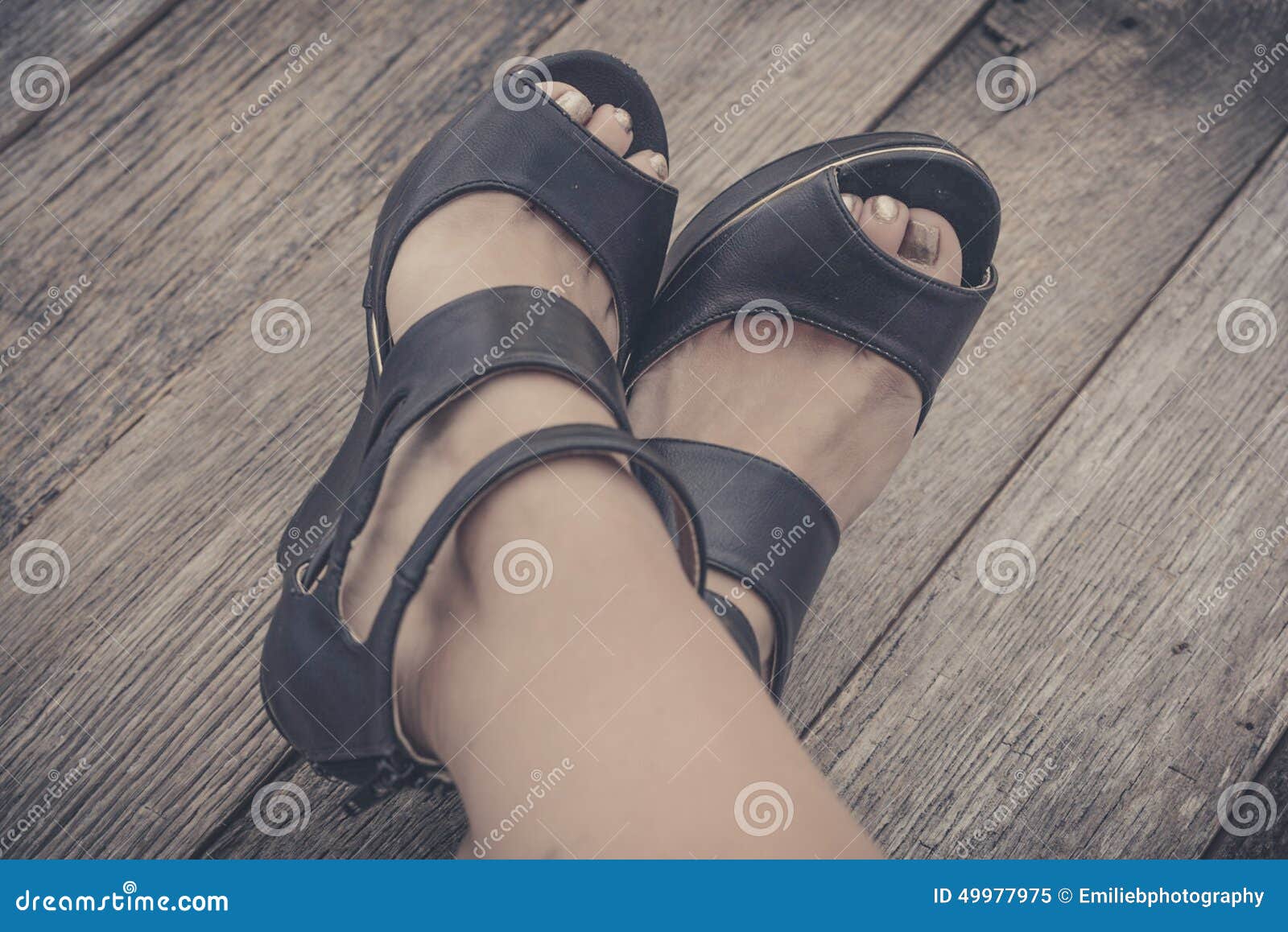 Feet. First-Person View on Rustic Wood Background. Stock Image - Image ...
