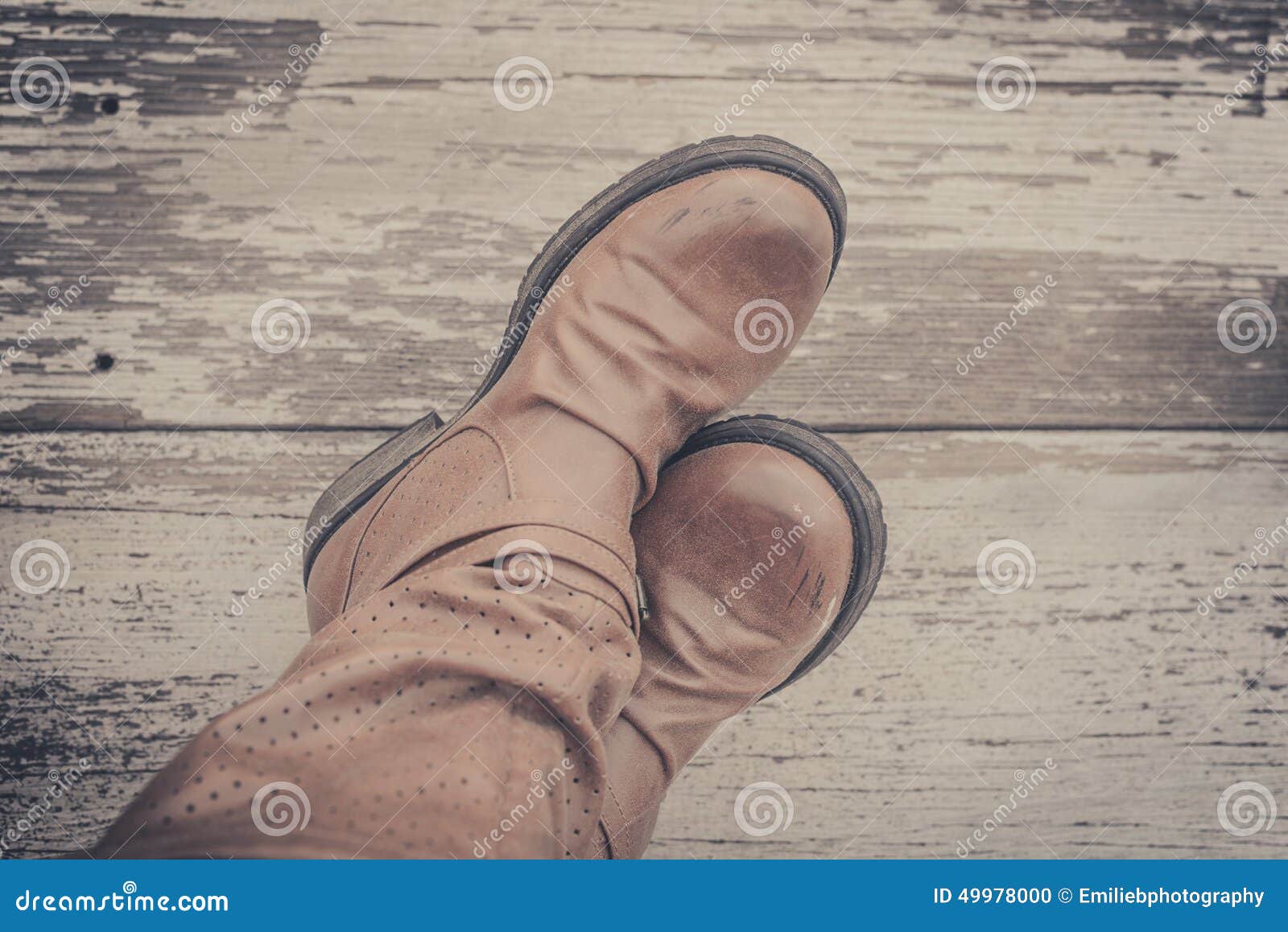Feet. First-Person View on Rustic Wood Background. Stock Photo - Image ...