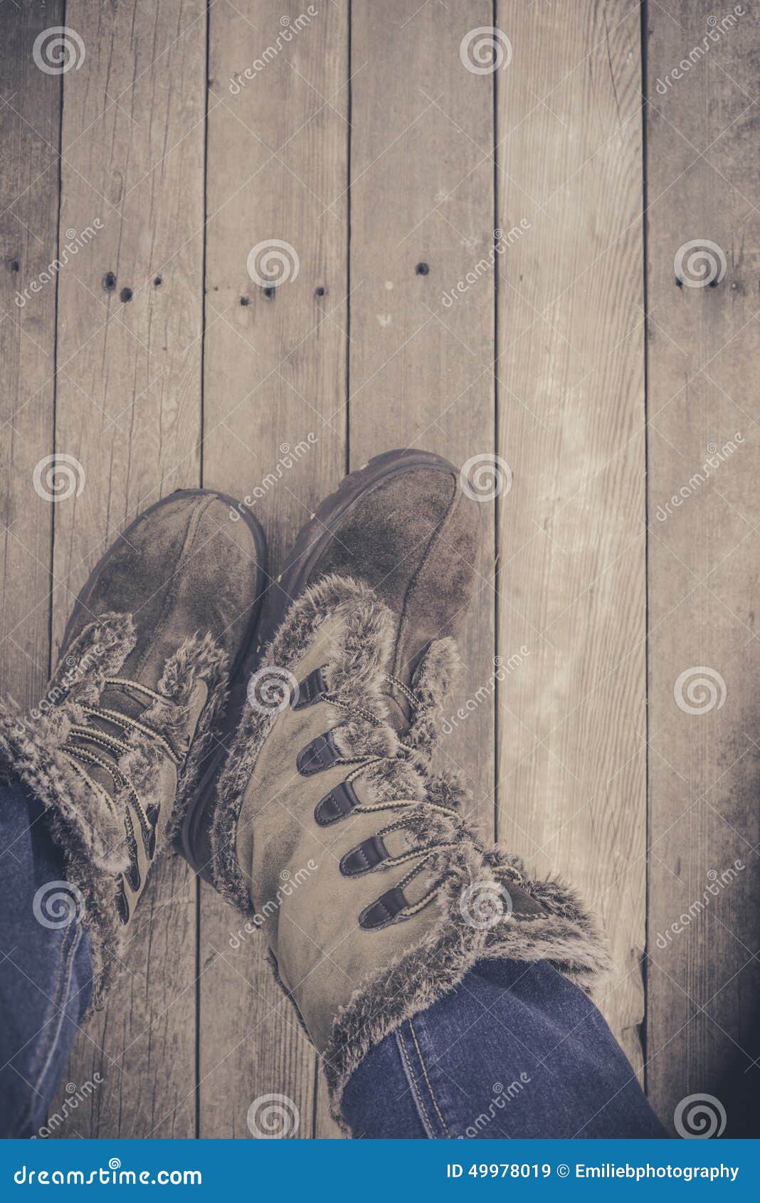 Feet. First-Person View on Rustic Wood Background. Stock Image - Image ...