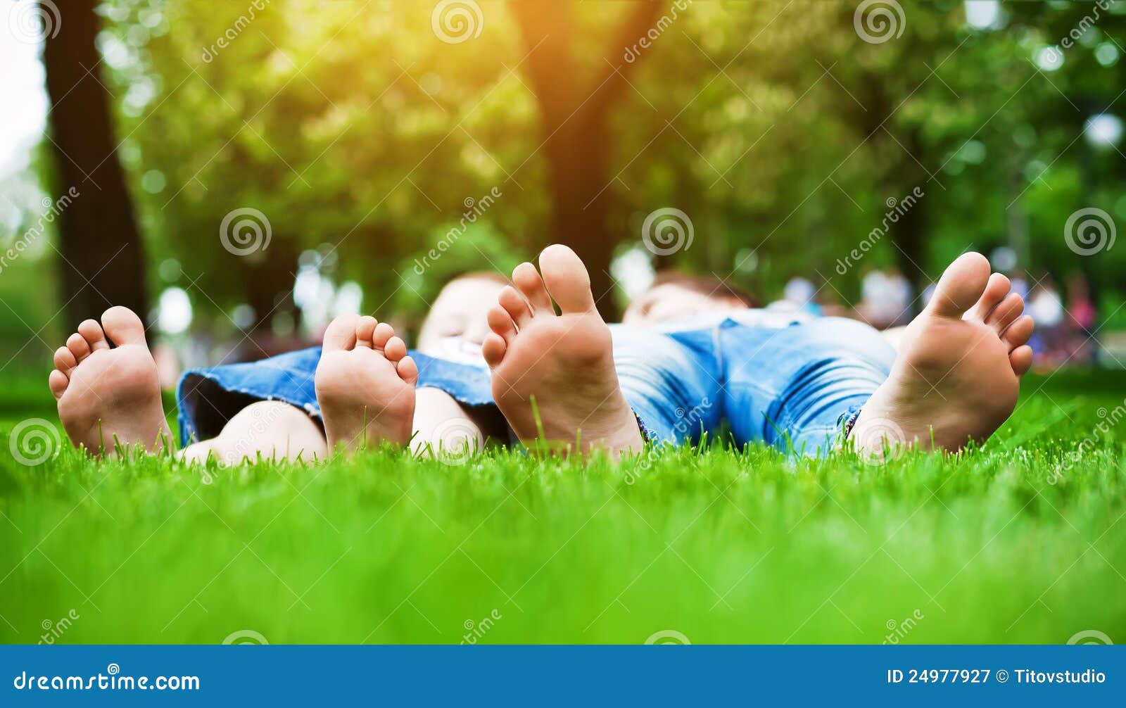 Feet on Grass. Family Picnic in Spring Park Stock Image - Image of ...