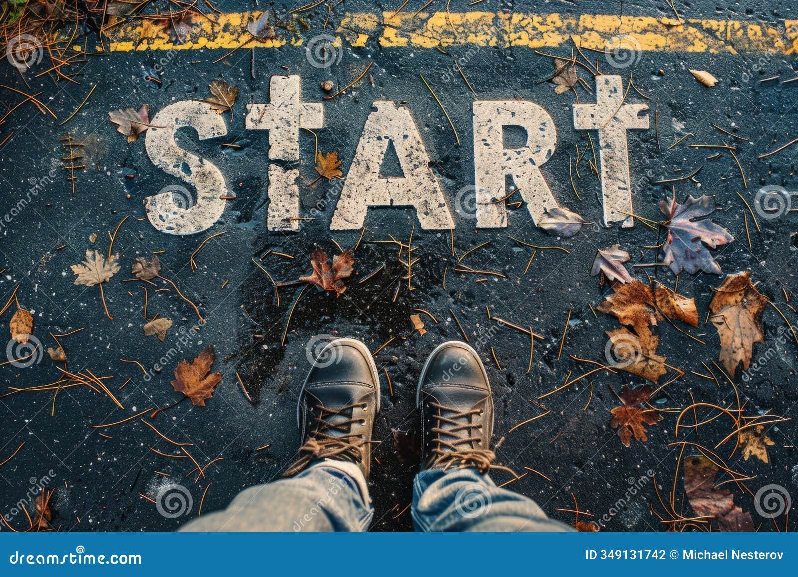 Feet on the Road in Front of the Word Start, Career Concept Stock Photo ...