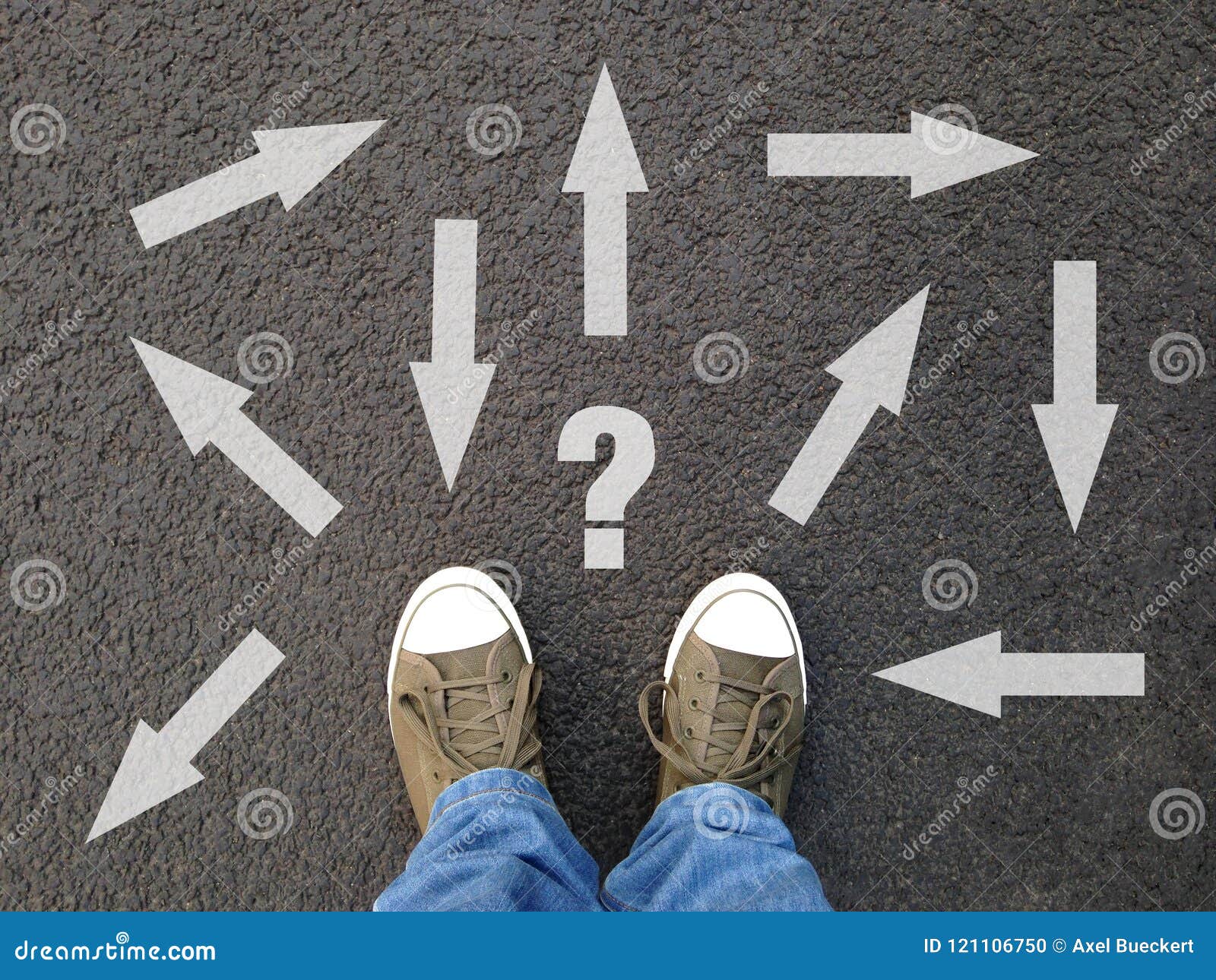 Feet Standing on Asphalt with Multitude of Arrows in Diffrent ...