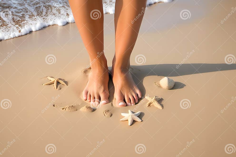 Feet Standing in Sand on the Beach with Starfish Stock Illustration ...