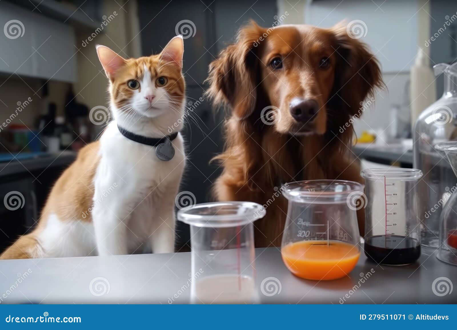 Feline and Canine Scientists in Laboratory, Performing Experiment with ...