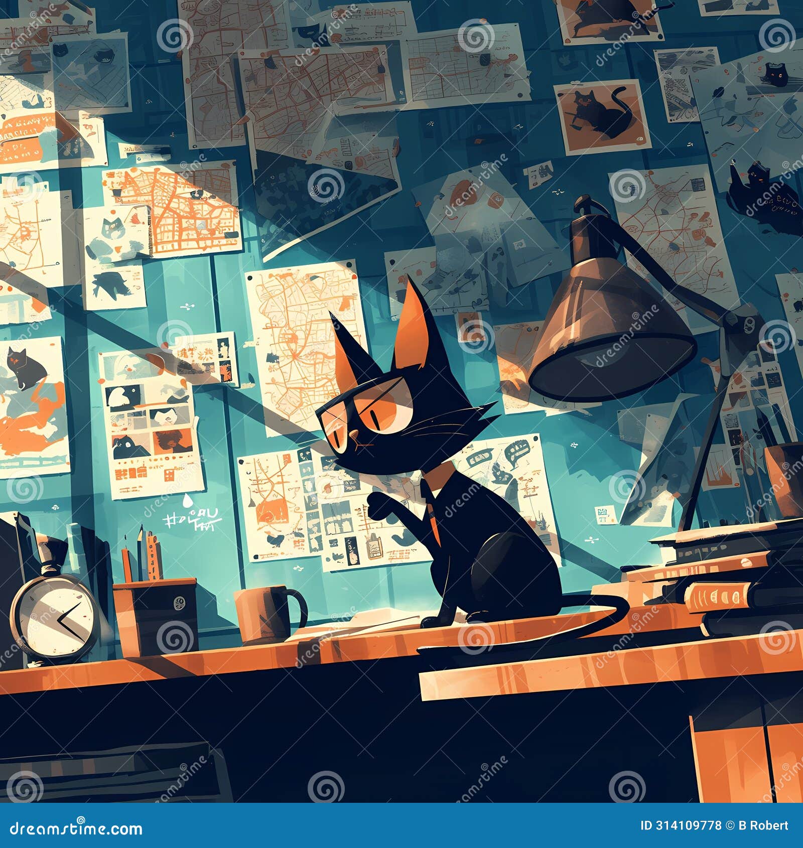 Feline Detective: Cat In A Thinking Pose With Maps And Notes Stock ...