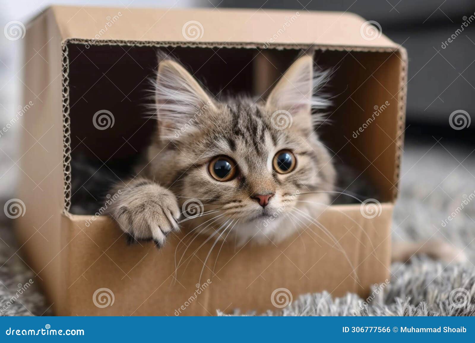 Feline Hideaway Cute Cat In Cardboard Box On Cozy Carpet Stock Image ...