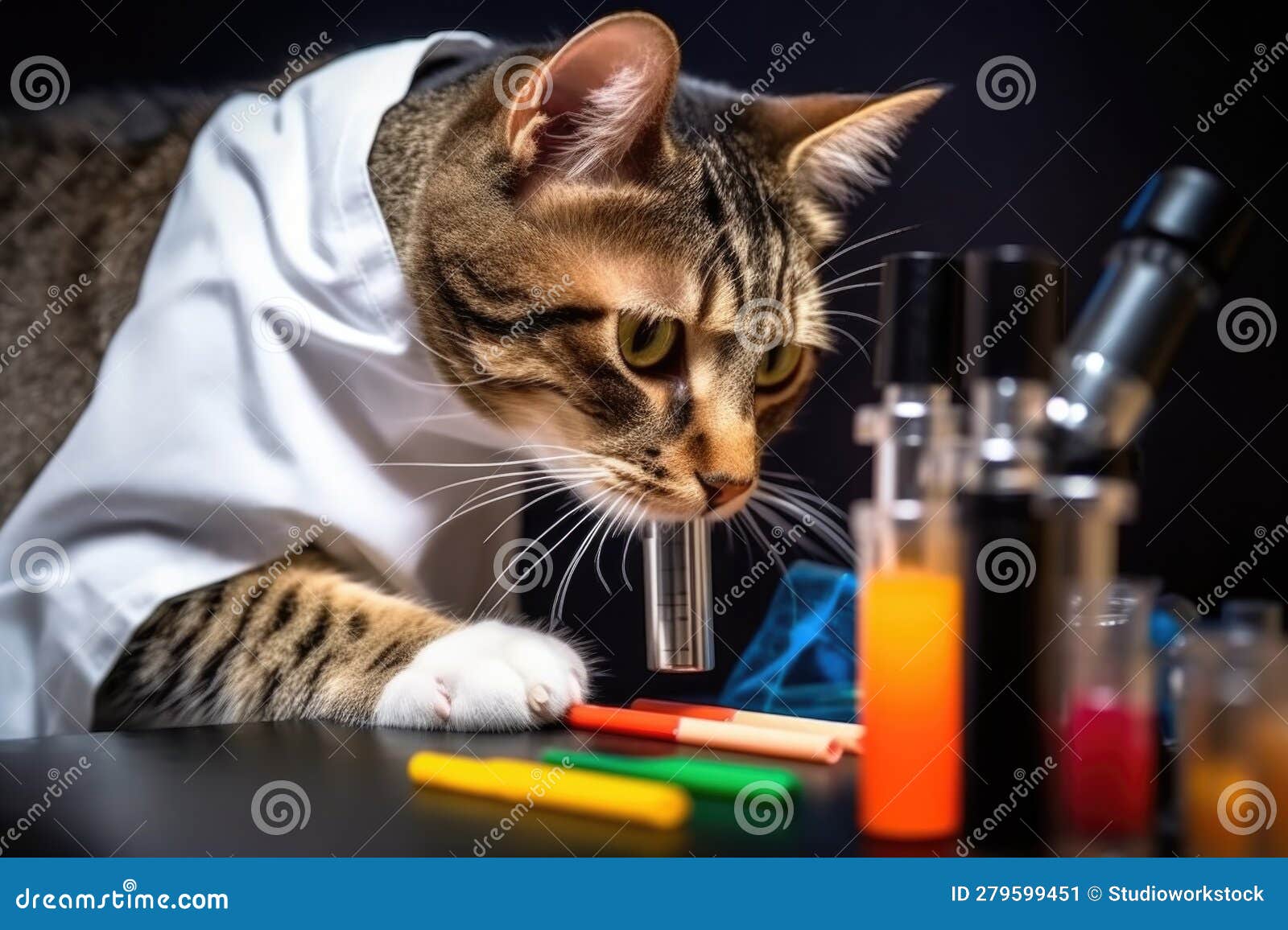 Feline Scientist Examining Microscope with Test Tube Full of Colorful ...