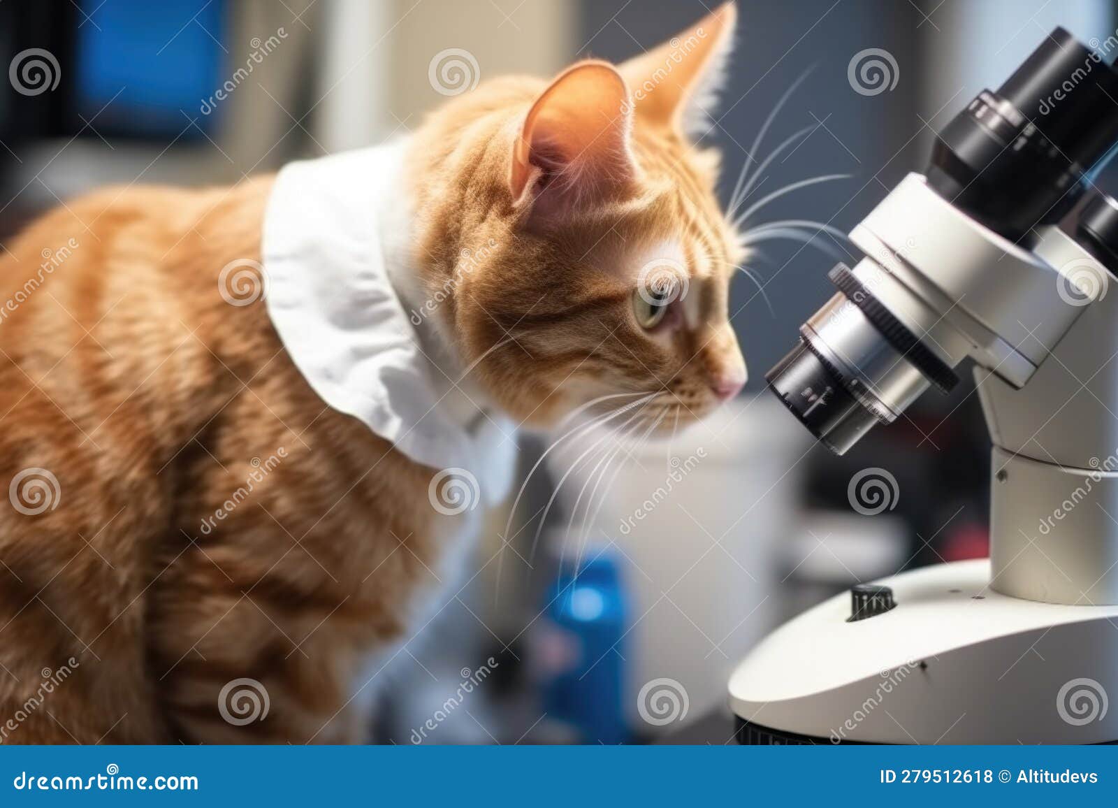 Feline Scientist Using Microscope To Examine Cells Under the Microscope ...