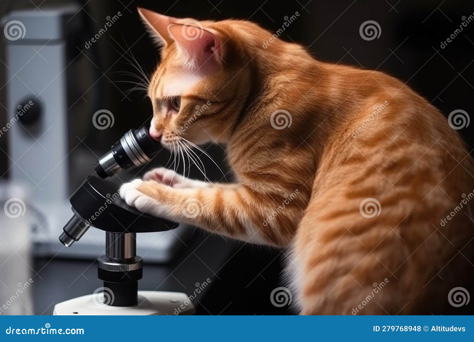 Feline Scientist Using Microscope To Examine Cells Under the Microscope ...