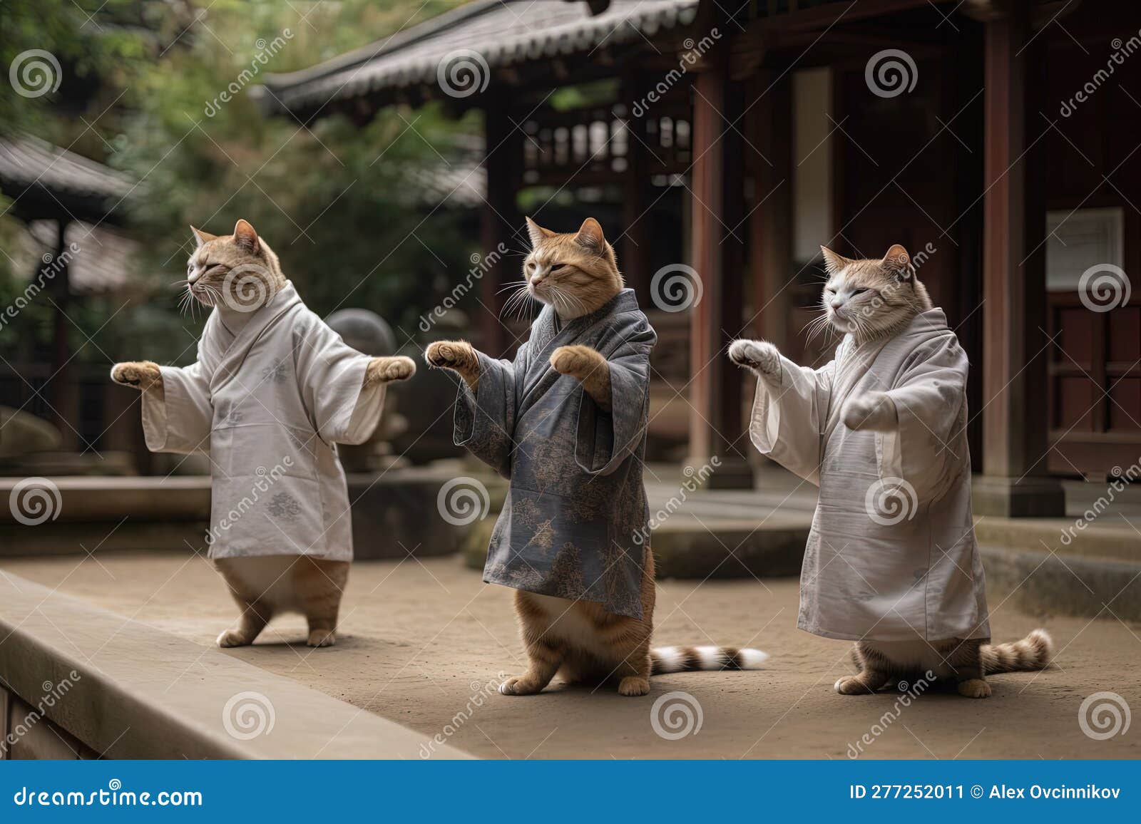 Feline Tai Chi Masters: Three Cats in Human Tunics Practicing in a ...