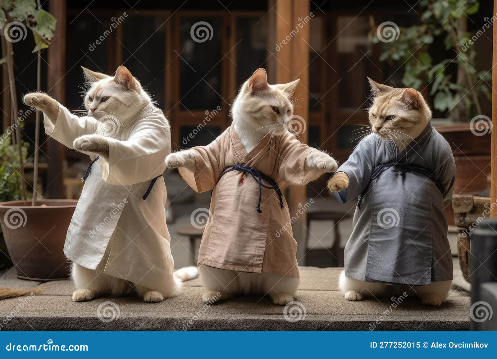 Feline Tai Chi Masters: Three Cats in Human Tunics Practicing in a ...