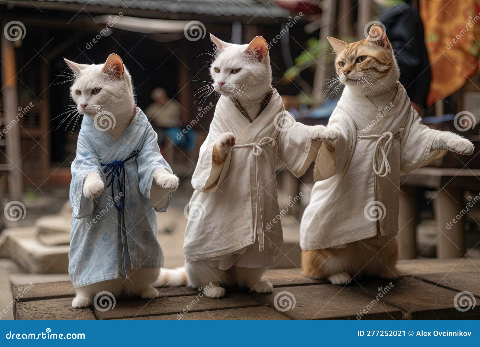 Feline Tai Chi Masters: Three Cats in Human Tunics Practicing in a ...