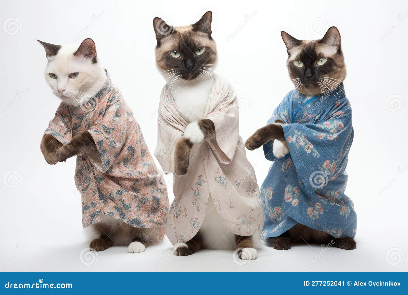 Feline Tai Chi Masters: Three Cats in Human Tunics Practicing on White ...